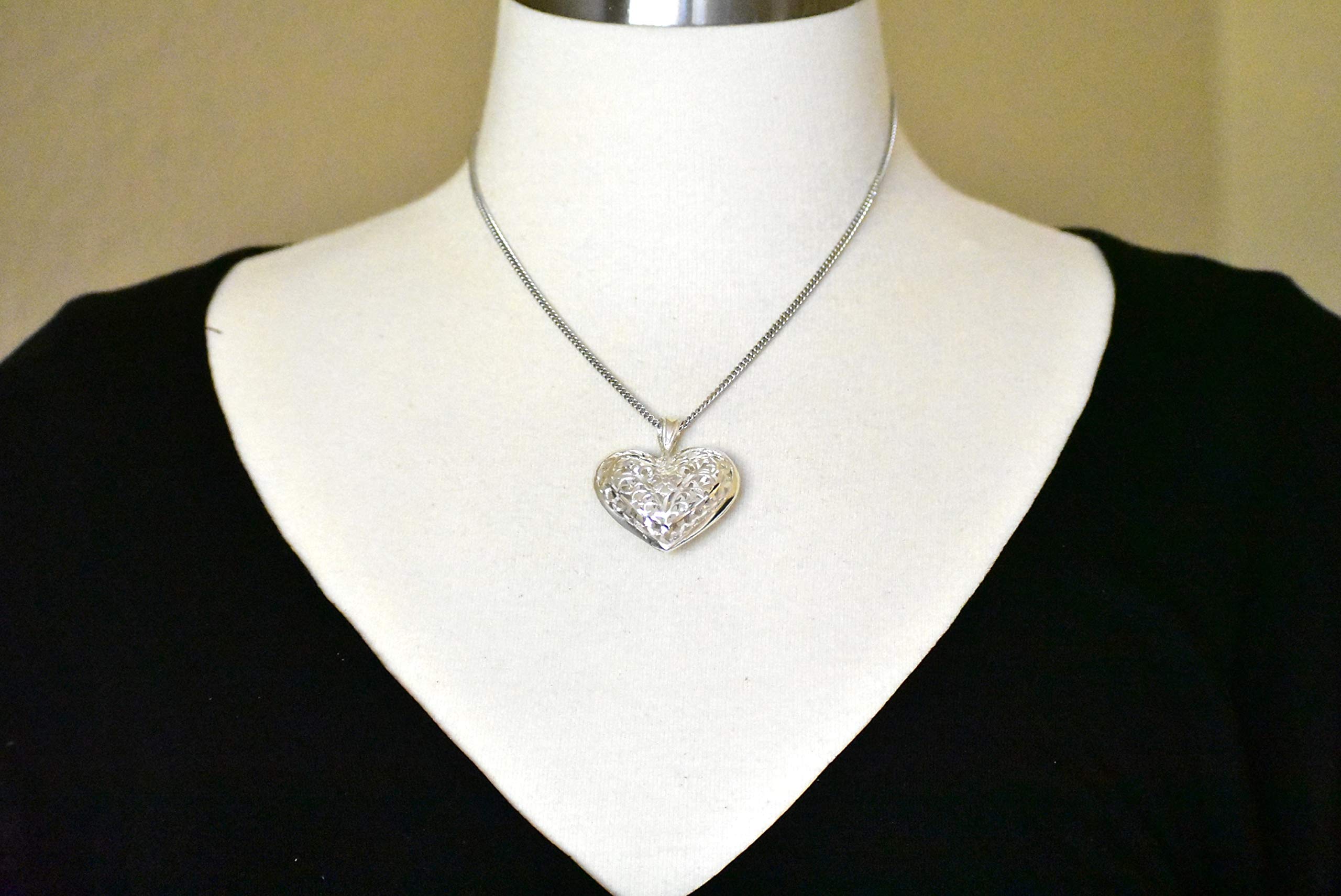 Sterling Silver Puffy Filigree Heart 3D Large Pendant Charm