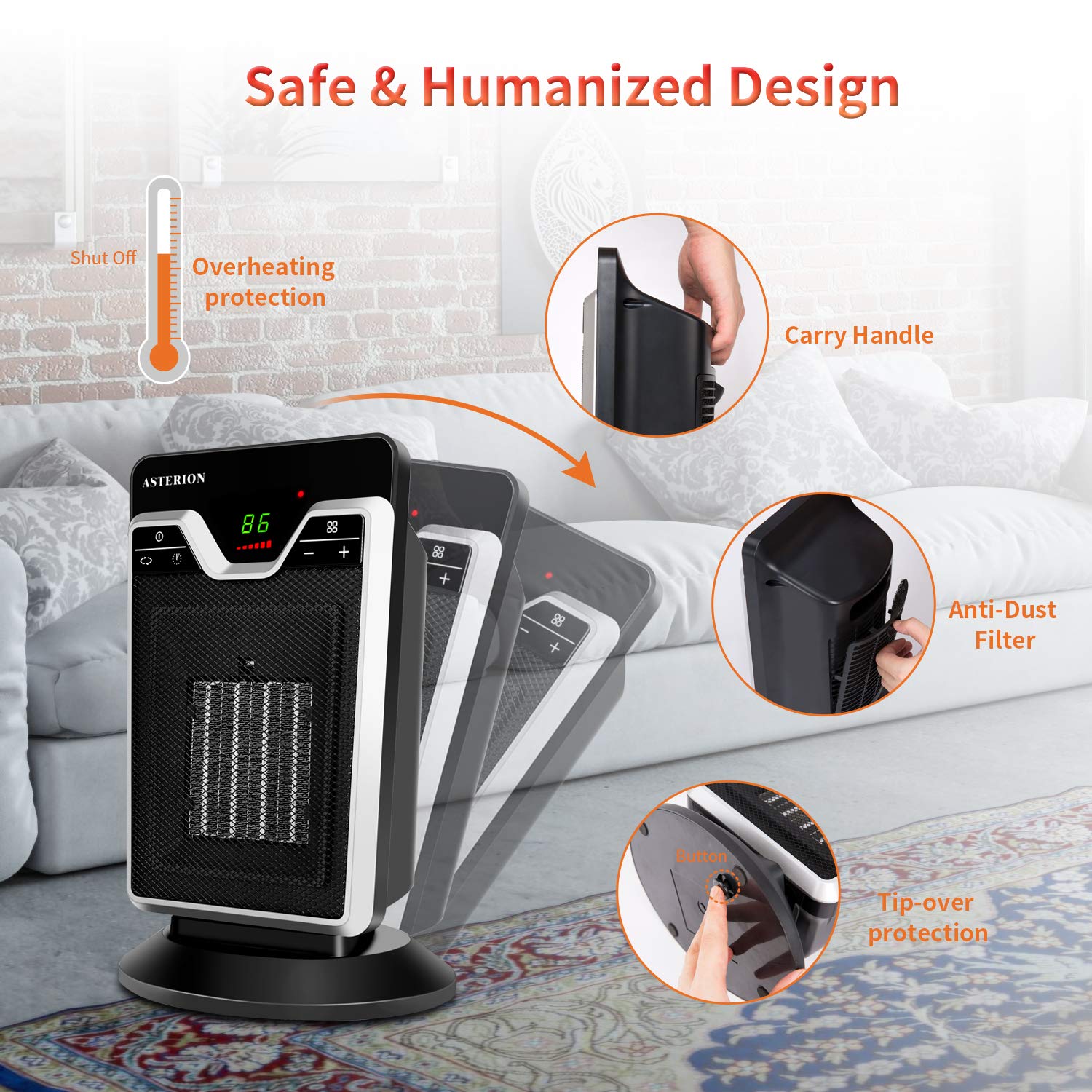 Space Heater for Indoor Use, ASTERION Portable Office Heater with Adjustable Thermostat, Ceramic Oscillating Heater with 24H Timer Remote Tip Over Overheating Protection for Home Bedroom, 1500W Black