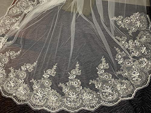 U-Hotmi Long Wedding Veil Lace Sequins Edge Cathedral Wedding Bridal Veil with Metal Comb, Ivory