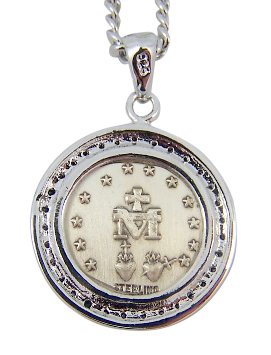 Sterling Silver Round Miraculous Medal Pendant with Black Gllass Accent Border, 3/4 Inch