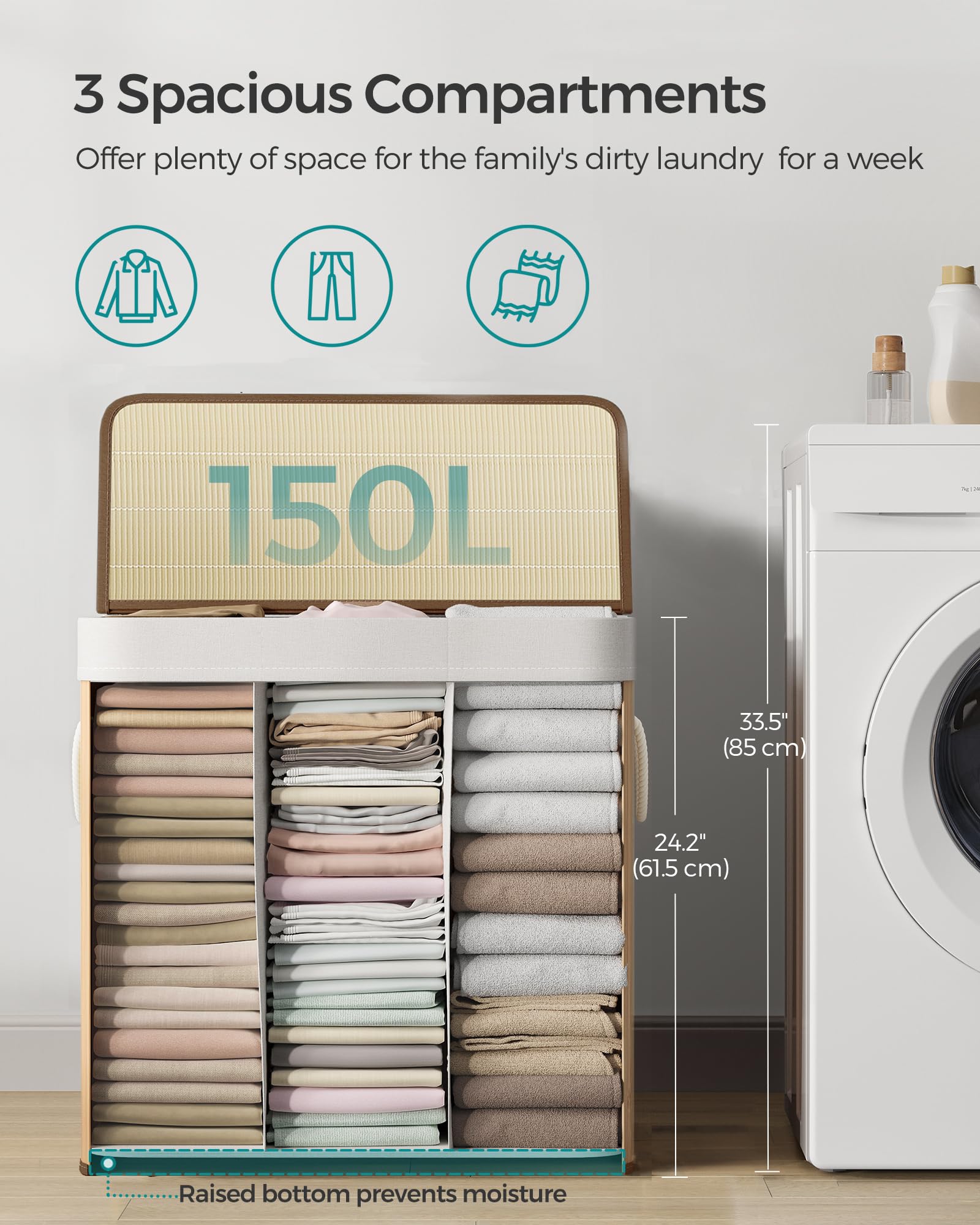 SONGMICS Laundry Hamper, 39.6 Gallons (150L), 3-Section Laundry Basket, Laundry Hamper with Lid, Bamboo, Foldable, Removable and Machine Washable Liner, for Laundry Room, Bedroom, Natural ULCB091N01