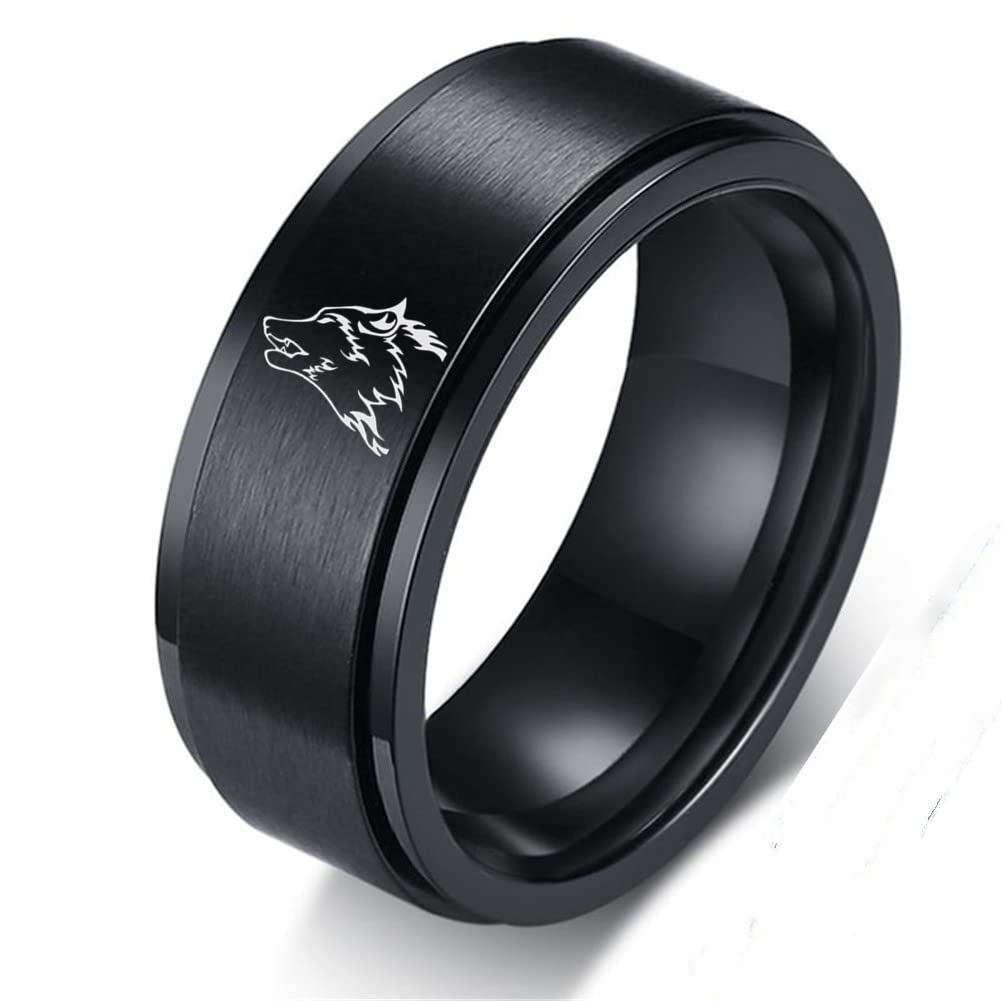 Viking Wolf Spinner Ring for Men Women, Stainless Steel Wolf Head Wolves Spirit Anxiety Band Ring, Fenrir Wolf Finger Rings, Wolf Fans Jewelry Gifts, Black, Size 11