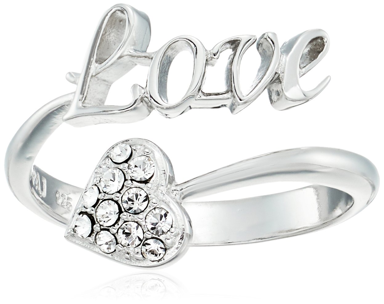 Sterling Silver "Love" Sentiment and Heart Open Ring Made with Swarovski Crystal (Size 7)