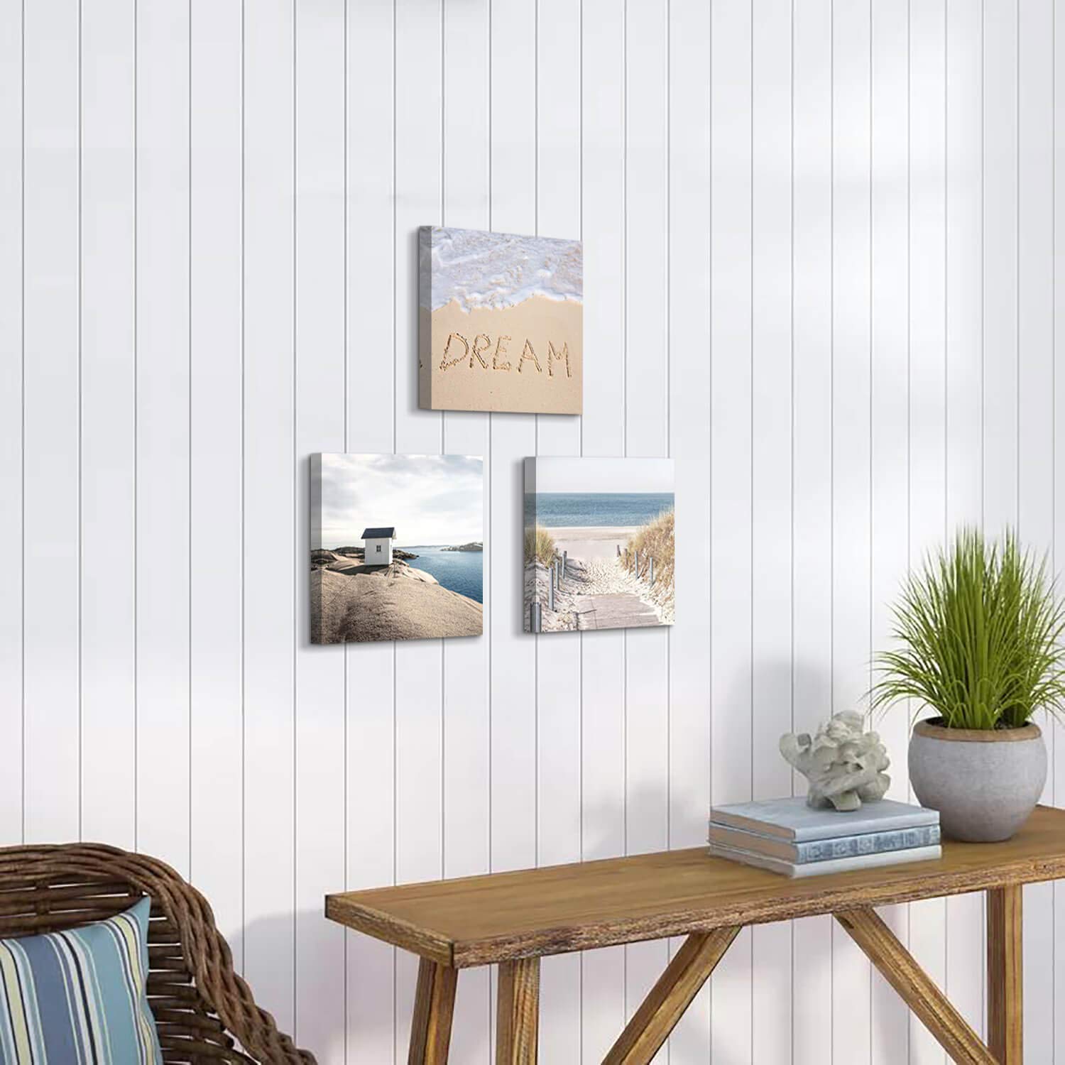 TAR TAR STUDIO Beach Scene Pictures Canvas Artwork: Seaside Boardwalk Painting Wall Art for Bedroom (12''W x 12''H x 3 PCS, Multiple Style)