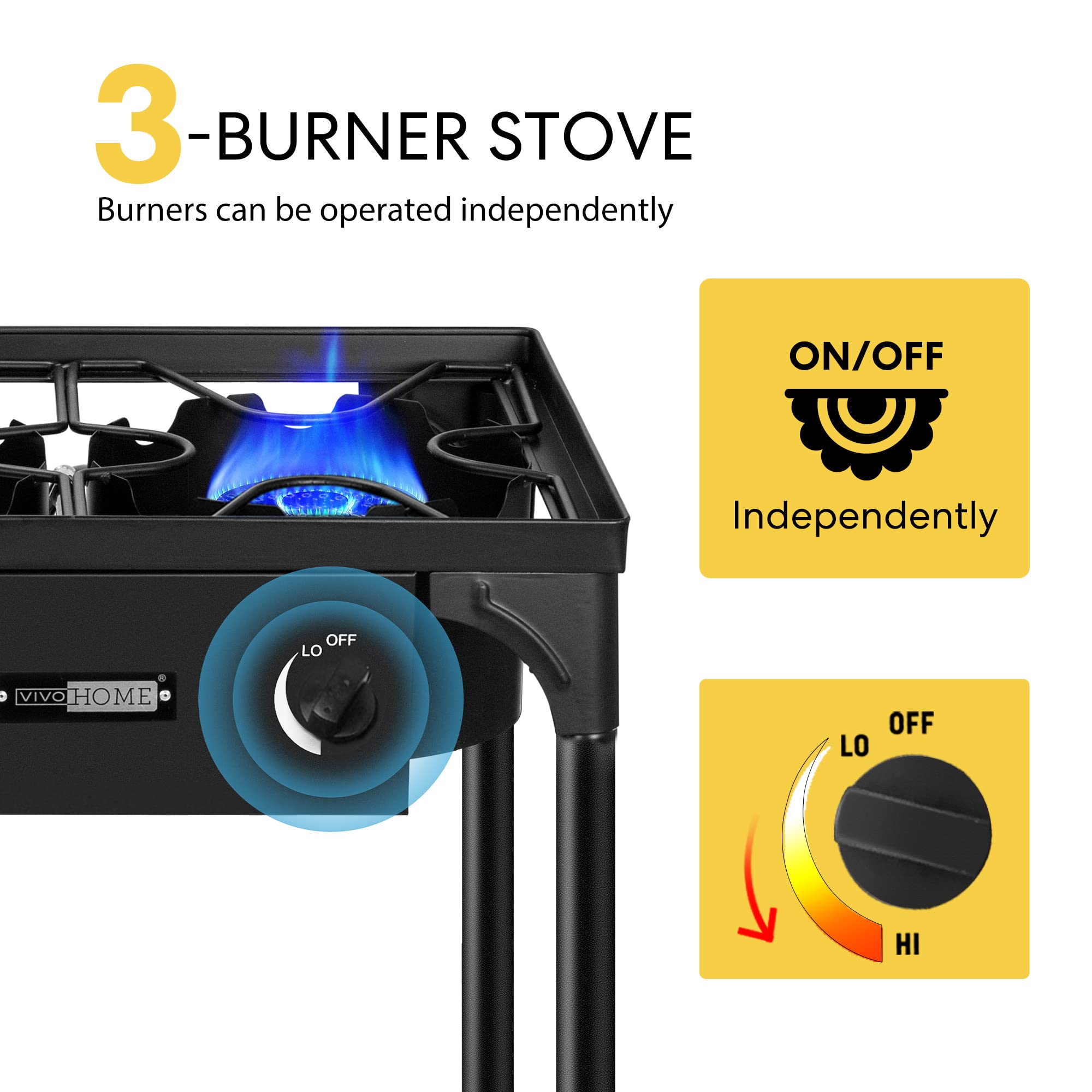 VIVOHOME Outdoor 3-Burner Stove, Max. 225,000 BTU/hr, Heavy Duty Tri-Propane Cooker with Detachable Legs Stand for Camping Cookout