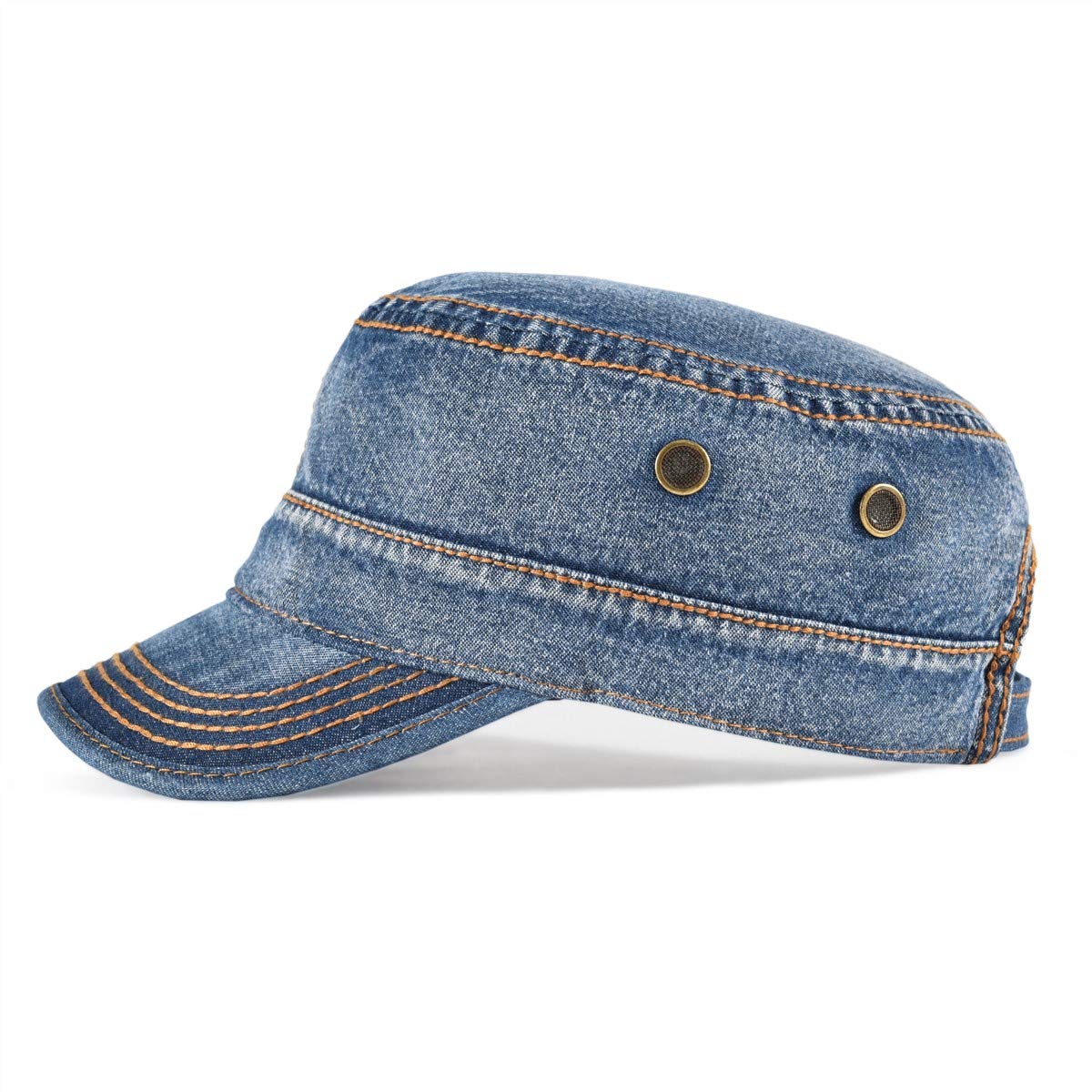 VOBOOM Washed Cotton Military Caps Cadet Army Caps Unique Design Vintage Flat Top Cap (Denim Blue)