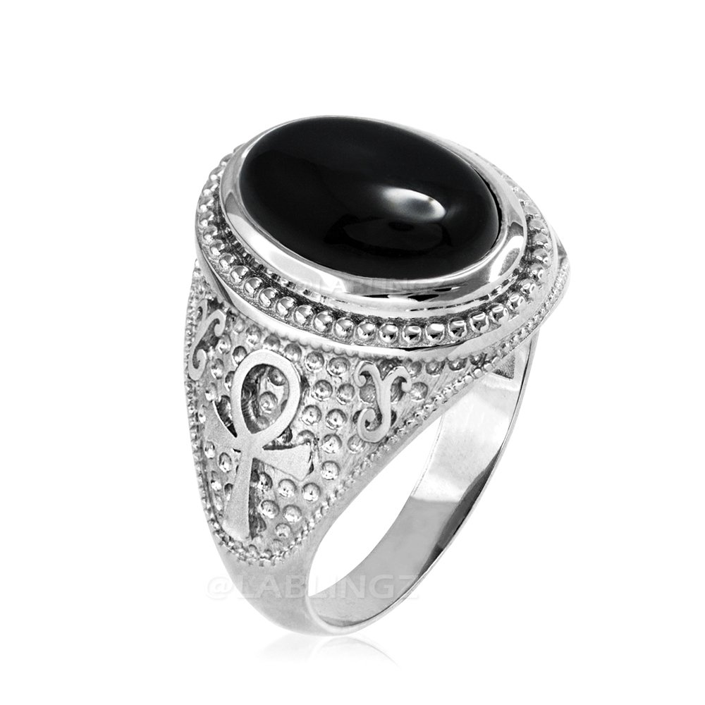 Sterling Silver Egyptian Ankh Cross Black Onyx Gemstone Ring (7.75)