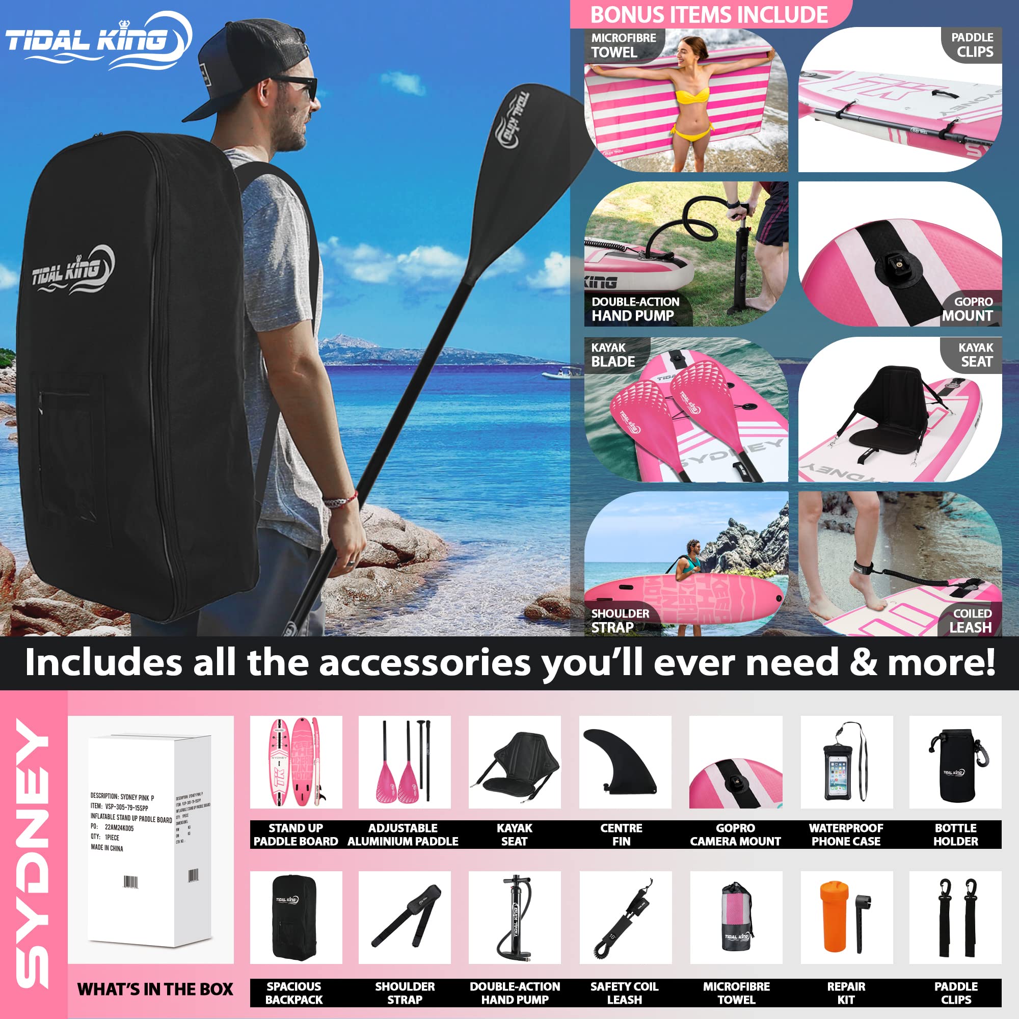 Tidal King Sydney 10' x 31" x 6" ISUP & Kayak Options Stand Up Paddle Board Ideal for Beginners - Paddle, Backpack, Pump, Leash, Phone Case & 2 Year Warranty (Pink SUP/Kayak)