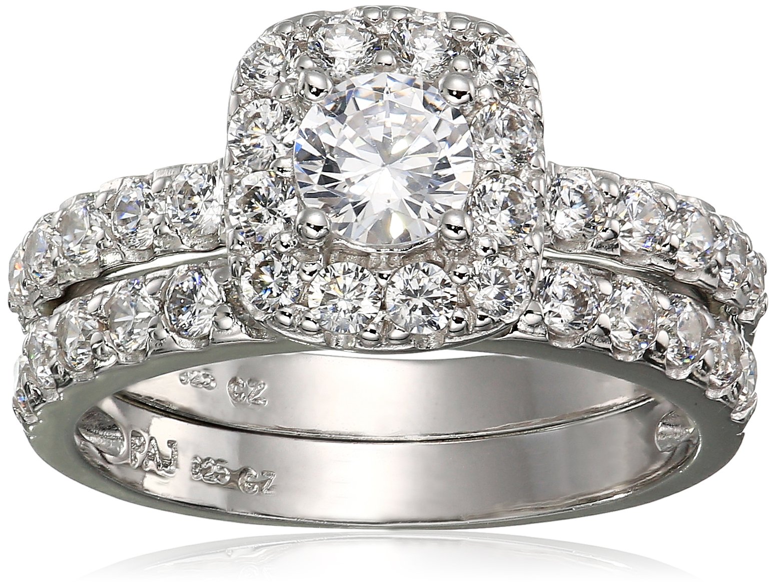 Sterling Silver Cubic Zirconia Halo Bridal Wedding Ring Set, Size 7
