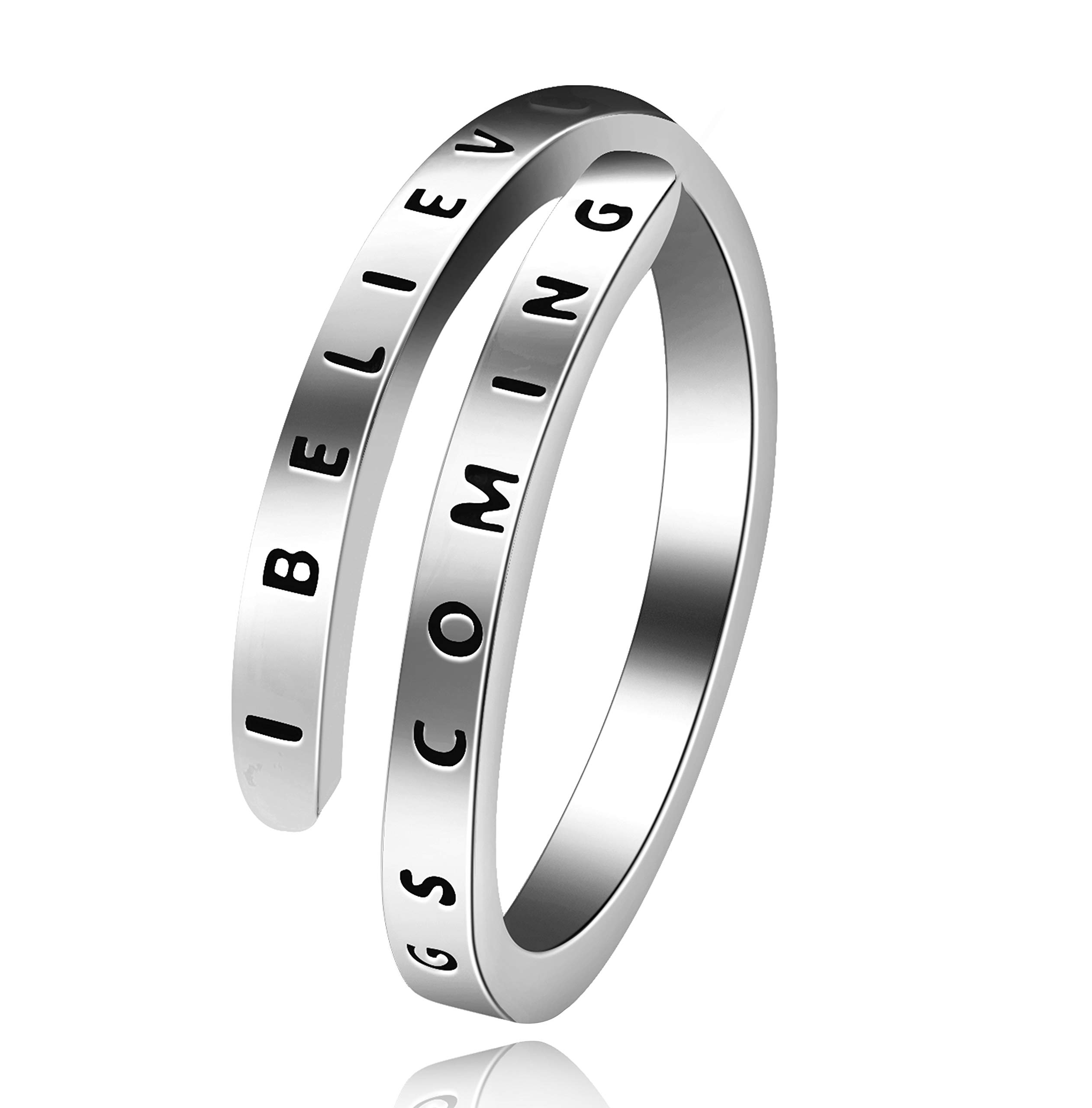 Uloveido Adjustable 925 Sterling Silver Inspirational Ring, I Believe Open Wrap Band Rings Y550 (Platinum)