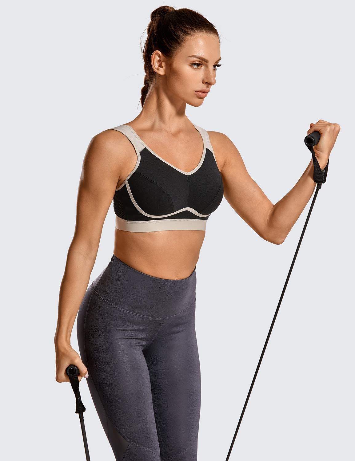 SYROKAN Women's Sports Bra Wireless Comfort High Impact Support Bounce Control Plus Size Workout Bra Black/Grey-2 32C