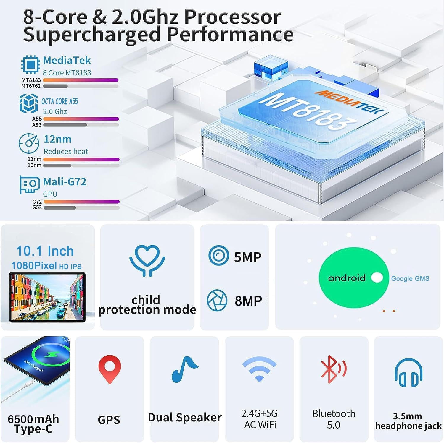 Tablet with Keyboard, 2 in 1 Tablet 10 Inch 10GB RAM + 64GB ROM with 4G Dual SIM | 5G WiFi, Android Tablet HD IPS, Octa-Core 2.0Ghz, 5MP + 8MP Camera, Bluetooth, 6500mAh, GPS, 1TB Expand - Silver