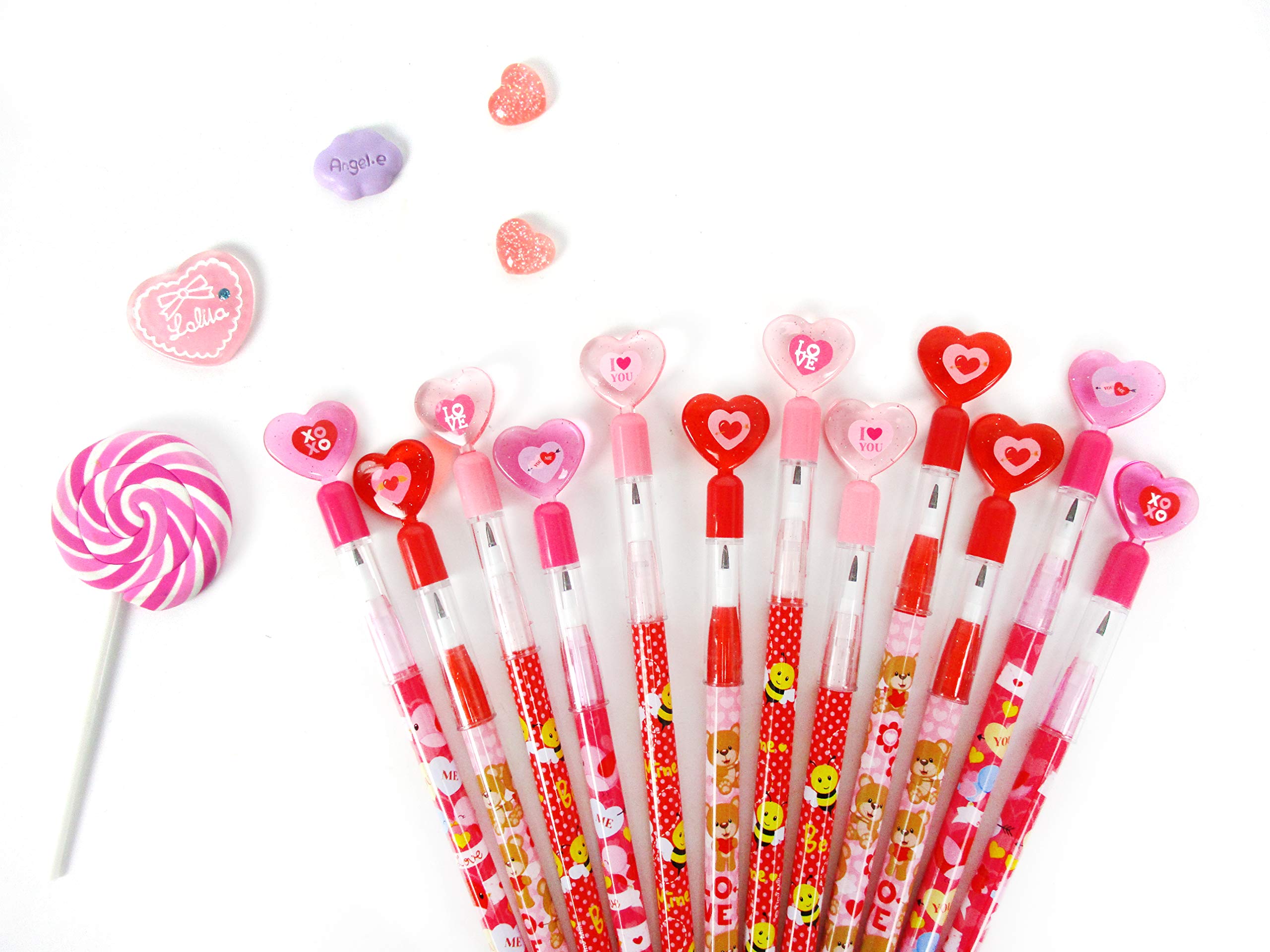 TINYMILLS 24 Pcs Valentine's Day Heart Multi Point Pencils Party Favors Goodie Bag Stuffers Classroom Exchange Valentine's Day Pencils Party Supplies Heart Pencils