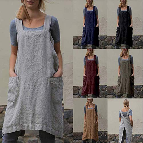 YESDOO Cotton Linen Apron Cross Back Apron for Women with Pockets Pinafore Dress for Baking Cooking,Large,grey