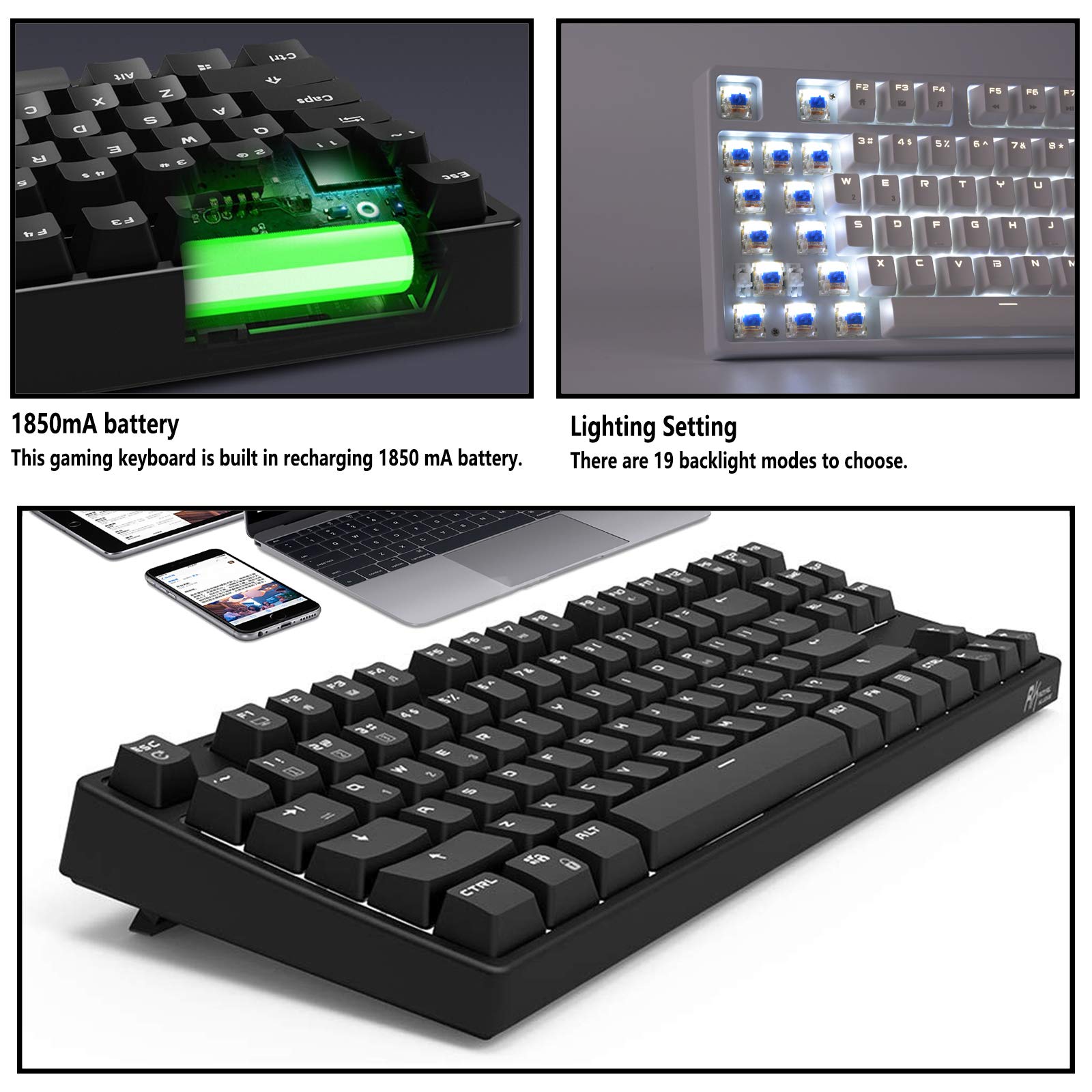 RK ROYAL KLUDGE Mechanical Keyboard 87 Keys White LED Backlight Tenkeyless Wired/Wireless Bluetooth Keyboard Gaming/Office for iOS Android Windows MacOS and Linux RK987 (Red Switch-Black)