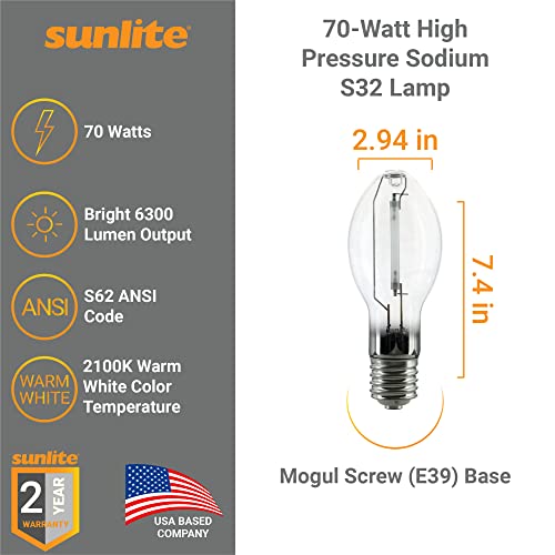 Sunlite 03625-SU LU70/MOG 70 Watt High Pressure Sodium Light Bulb, Mogul Base (E39), ANSI Code S62, 6300 Lumen, 24000 Life Hours, Clear, 2100K