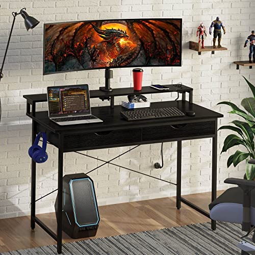 Rolanstar Computer Desk with 2 Drawers and Power Outlet, 39" Home Office Writing Desk with Monitor Stand, Workstation Table with Stable Metal Frame, Black
