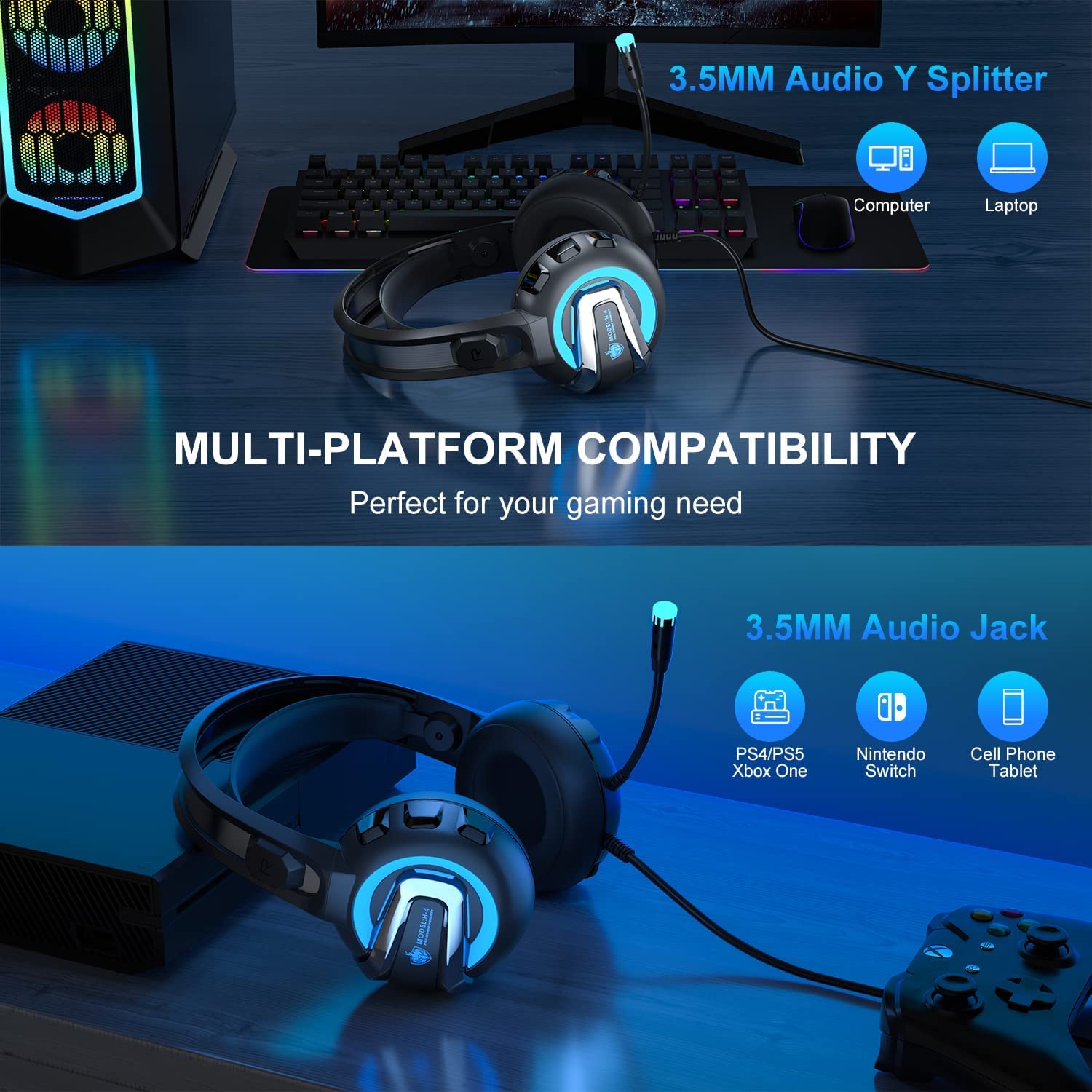 YOTMS Wired Gaming Headset,H9 Gaming Headset for Xbox One, PS4, PS5, PC, Controller, Noise Cancelling Over Ear Headphones with Mic, Bass Surroun (Black Blue)