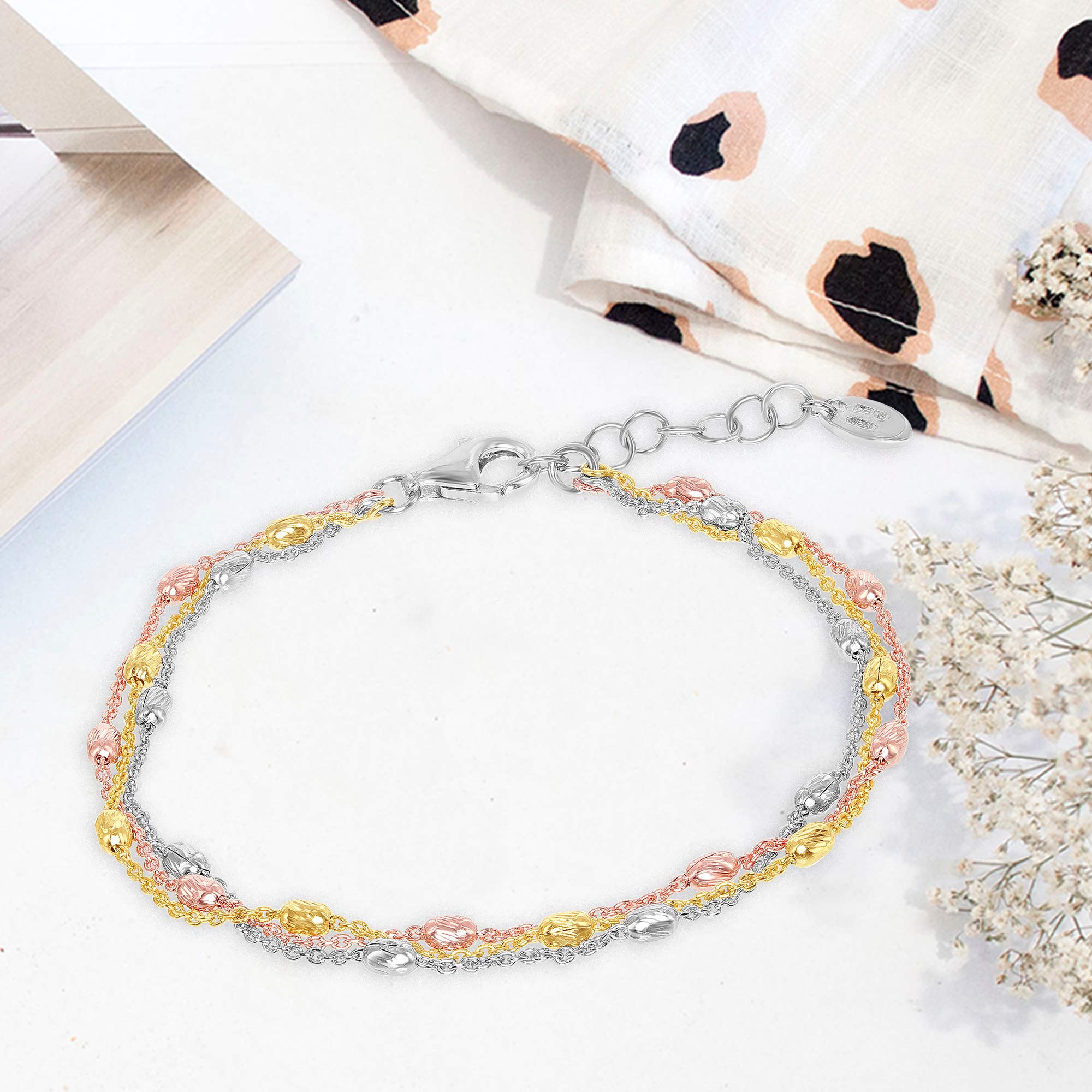 Sterling Silver Italian Tri-Color Triple Strand Oval Beaded 7+1" Bracelet Jewelry for Women or Teens