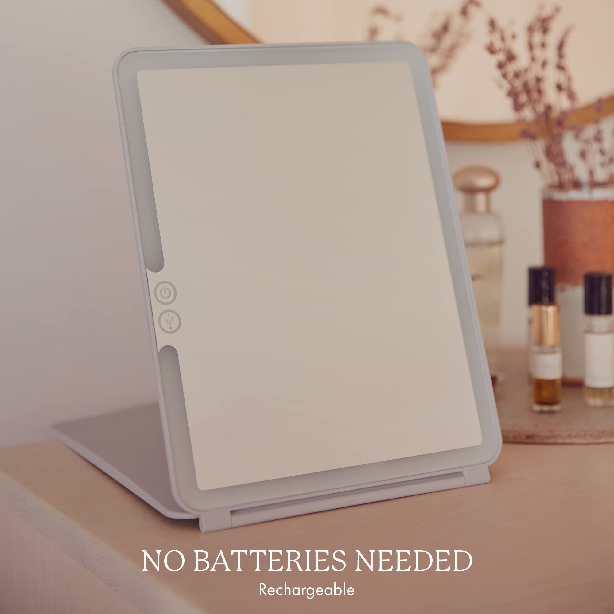 Vanity Planet LED Travel Handheld Vanity Mirror, Pose 3 LED Colors for Consistent Lighting with Dimmable Ring Light - Built-in Touch Sensors with Rechargeable Micro-USB - White
