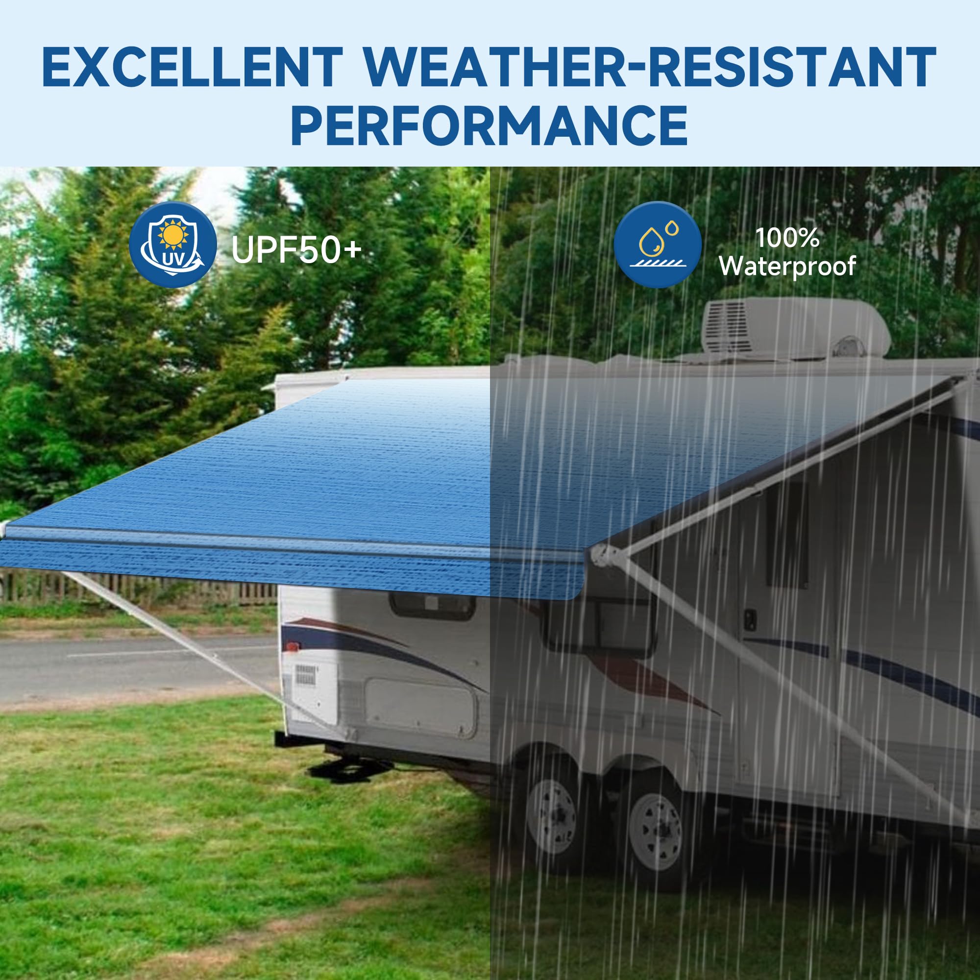 Rengue RV Awning Fabric Replacement 16 FT Vinyl Camper Awning 19oz Heavy Duty Universal RV Canopy Trailer Awnings with Pull Strap and 6 Hooks, Gradient Blue