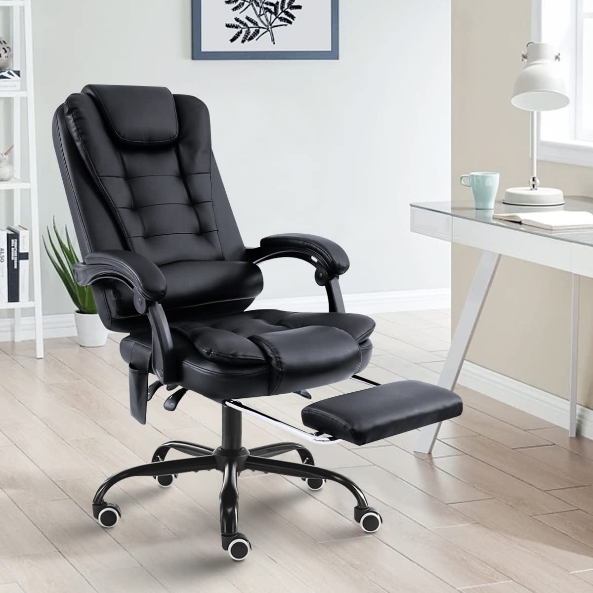 VANSPACE Executive Massage Office Chair with Footrest Reclining Home Office Chair Soft Leather High Back Computer Desk Chair with Lumbar Support Adjustable Armrest Black
