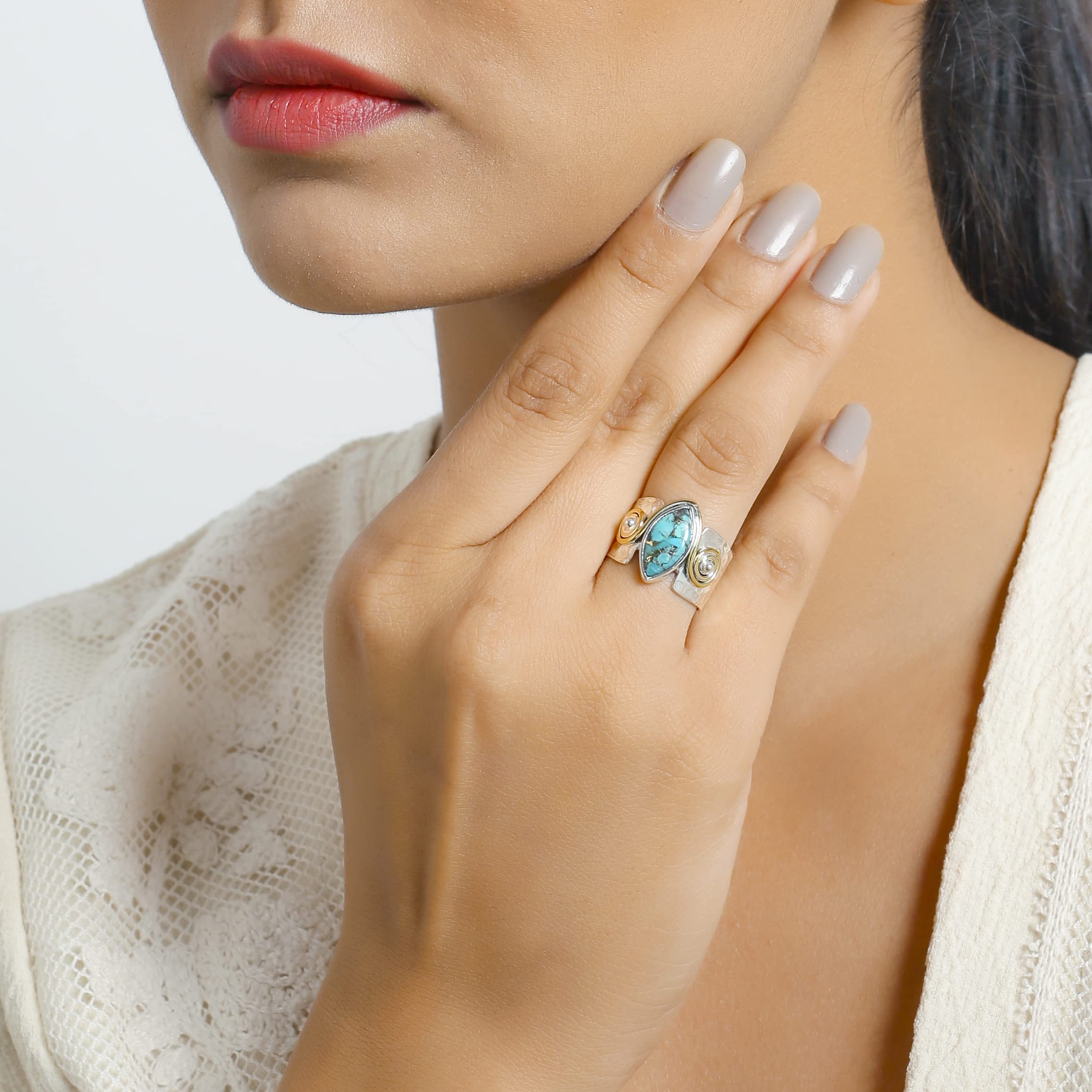 YoTreasure 7x13 Blue Turquoise Ring .925 Sterling Silver Spiral Brass Hammered Wide Band