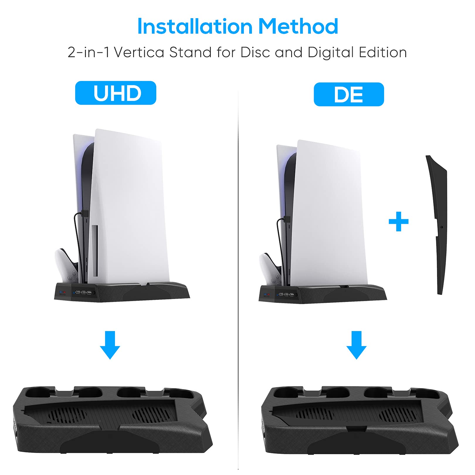 YUANHOT Vertical Cooling Stand Compatible with PS5 Console, Charging Station Dock with Controller Charger Ports and Retractable Game Storage - Black