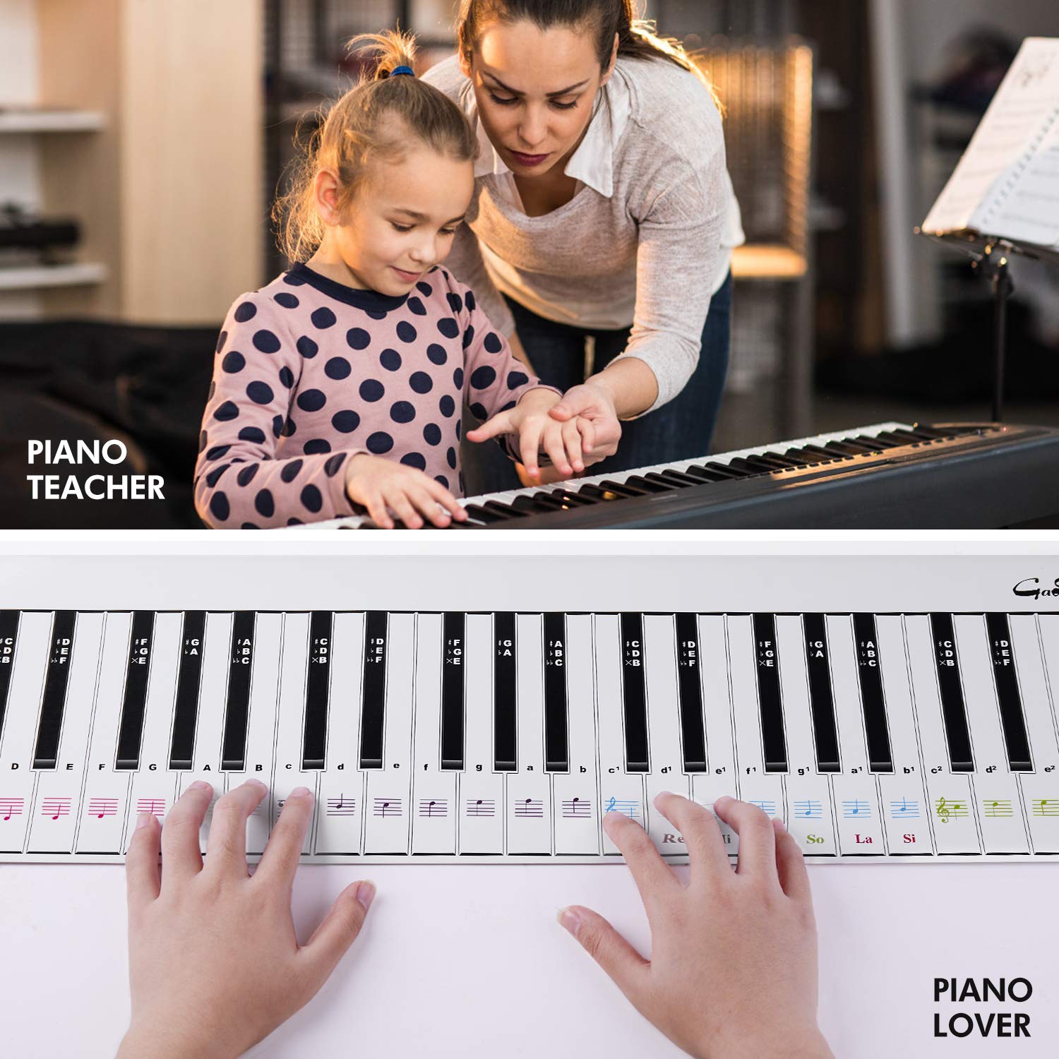 Ultimate Piano Keyboard Learning Aid Set - 1:1 Scale 88 Keys Practice Cardboard Piano Note Chart Guide, Transparent Piano Stickers for 54/61 / 88 Key Keyboards, 2 Music Book Clip