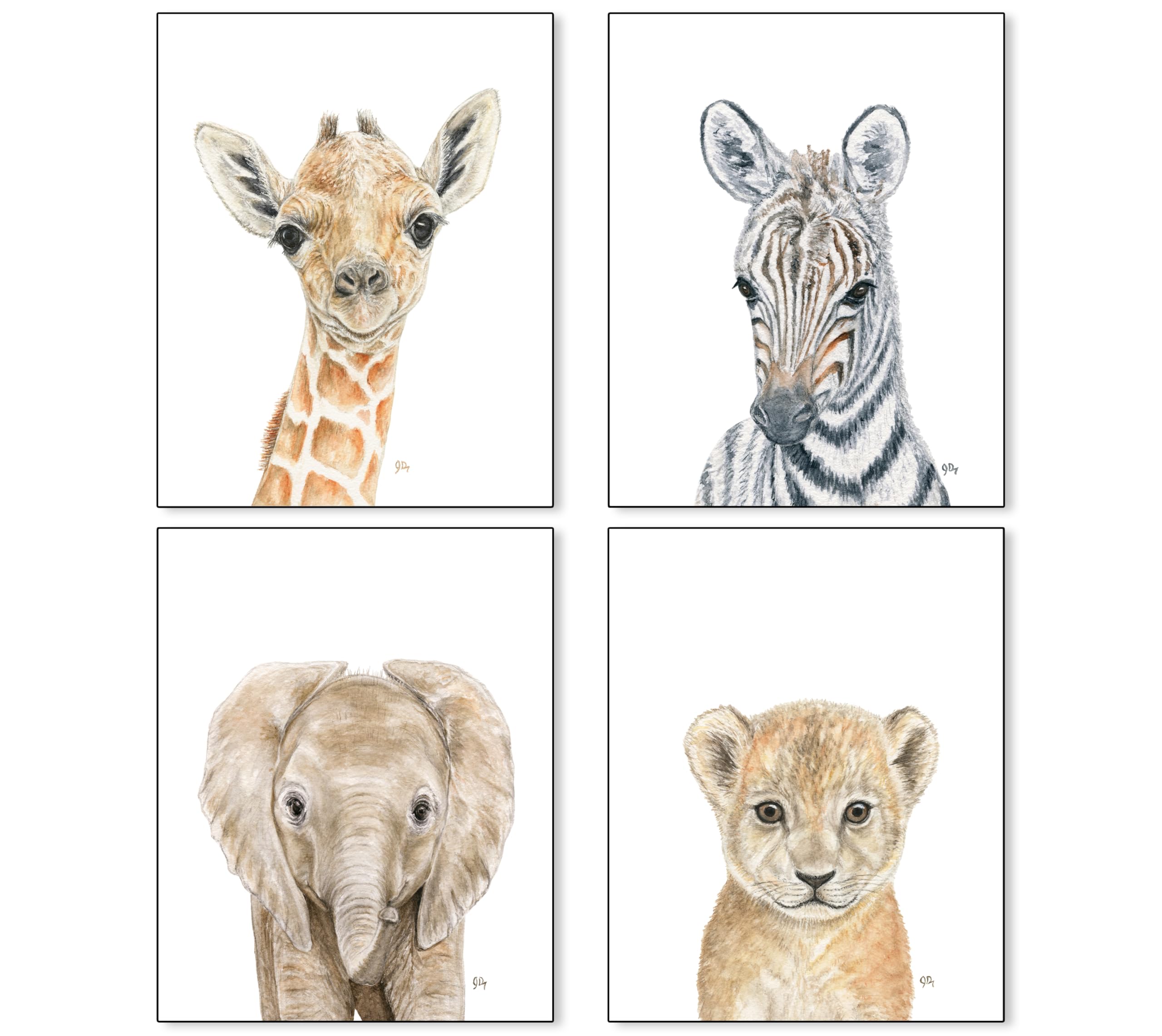 Safari Animal Nursery Prints Unframed Set of 4, Pick Your Baby Animals and Size, Original Watercolor Portraits Art Signed By Artist …