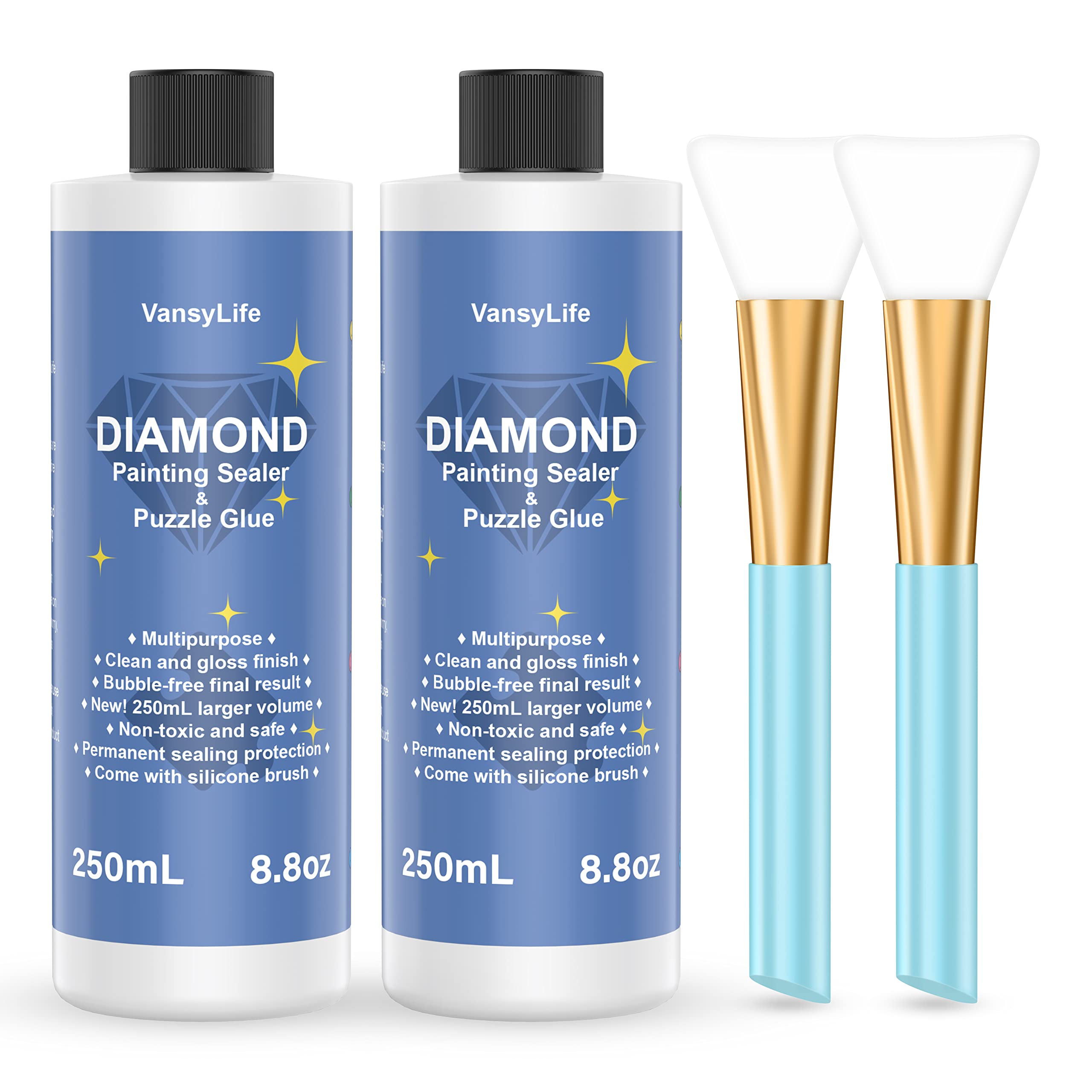 VansyLife Updated Diamond Painting Sealer 2 Pack 500ML with Silicone Brush, 5D Diamond Painting Glue Accessories Permanent Hold & Shine Effect for Diamond Painting and Jigsaw Puzzles (17.6 OZ)