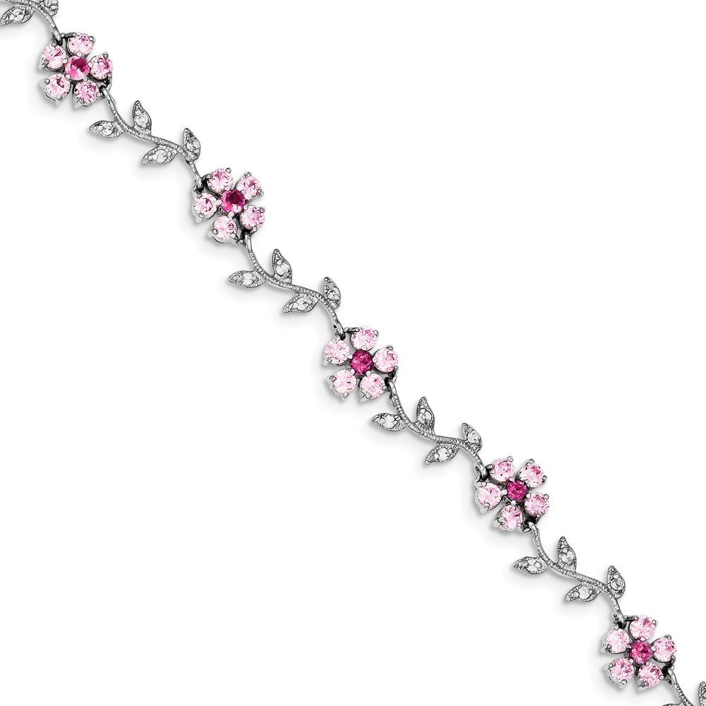 Sterling Silver 7.75inch Pink and Clear CZ Cubic Zirconia Flower Bracelet (10mm)