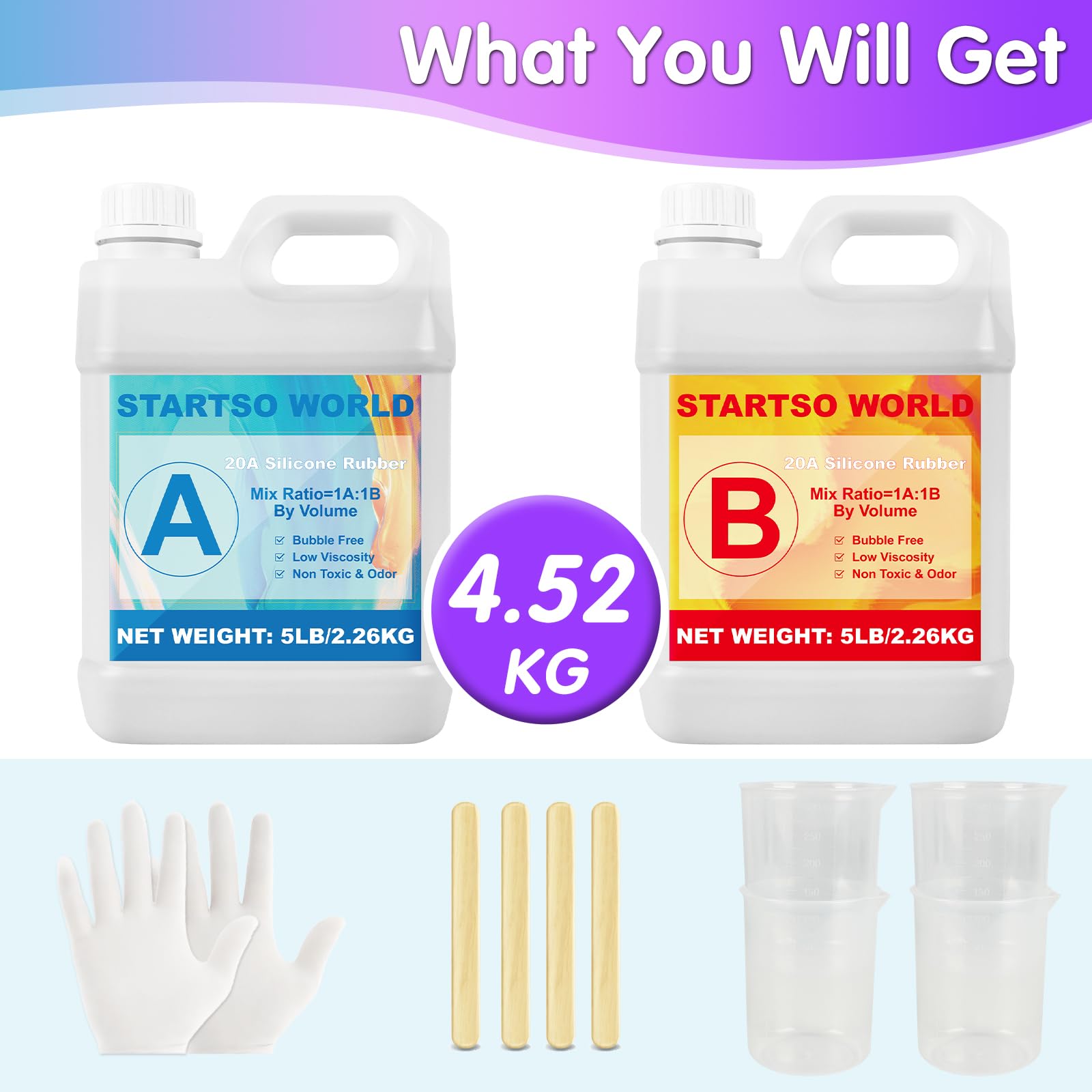 Startso World Mold Making Kit, 20A Translucent Platinum RTV-2 Liquid Silicone Rubber 21.2OZ for Casting Resin,Soap,Candle,Clay,DIY Molds-1:1 by Volume with Tool 4Cups,4 Sticks,2Droppers,1Pair Gloves