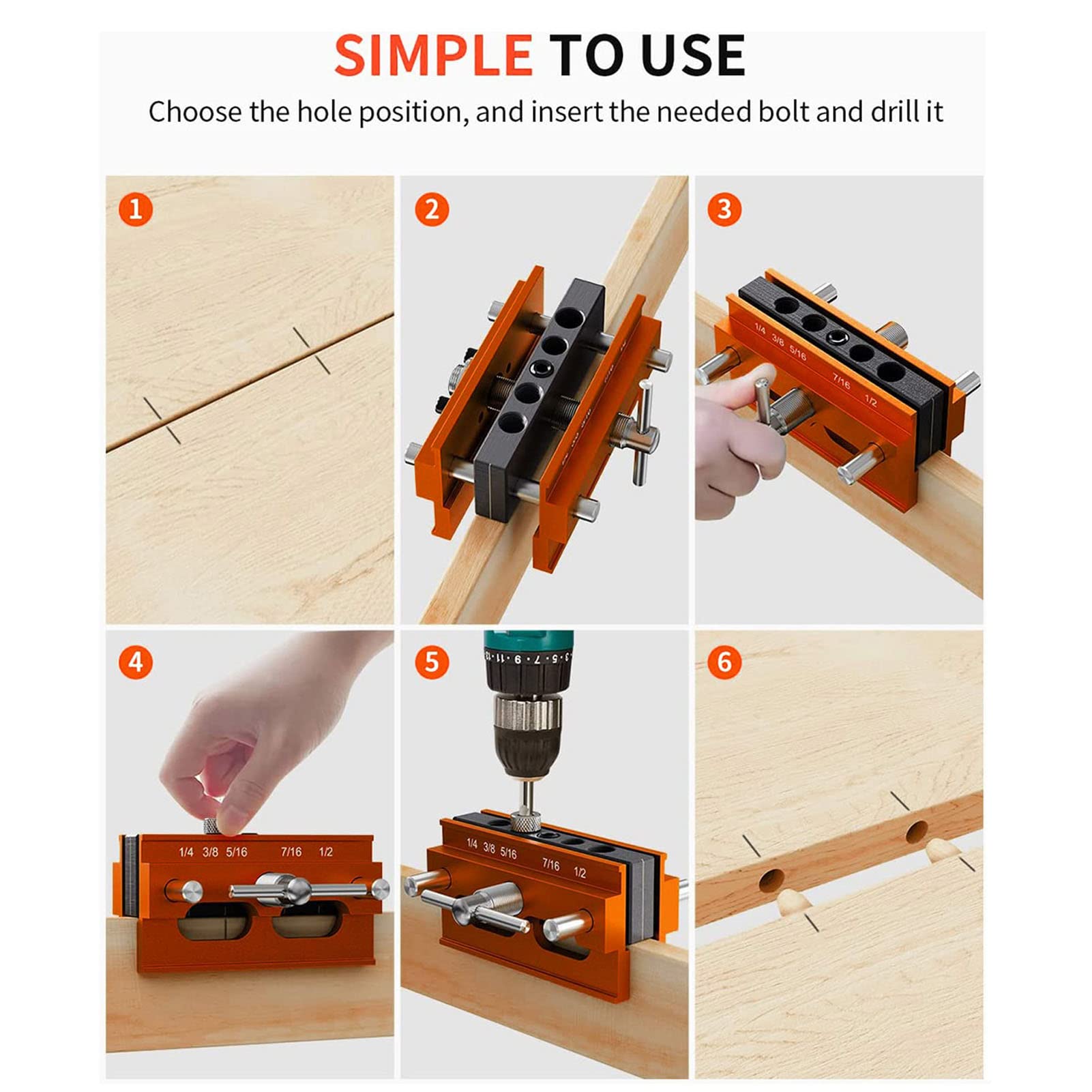 Self Centering Dowel Jig Kit Aluminum Alloy Center Doweling Drilling Guide Bushings Set Punch Locator Joints Tool Anodized Orange Surface 4 Holes Drill Positioner for Woodworking
