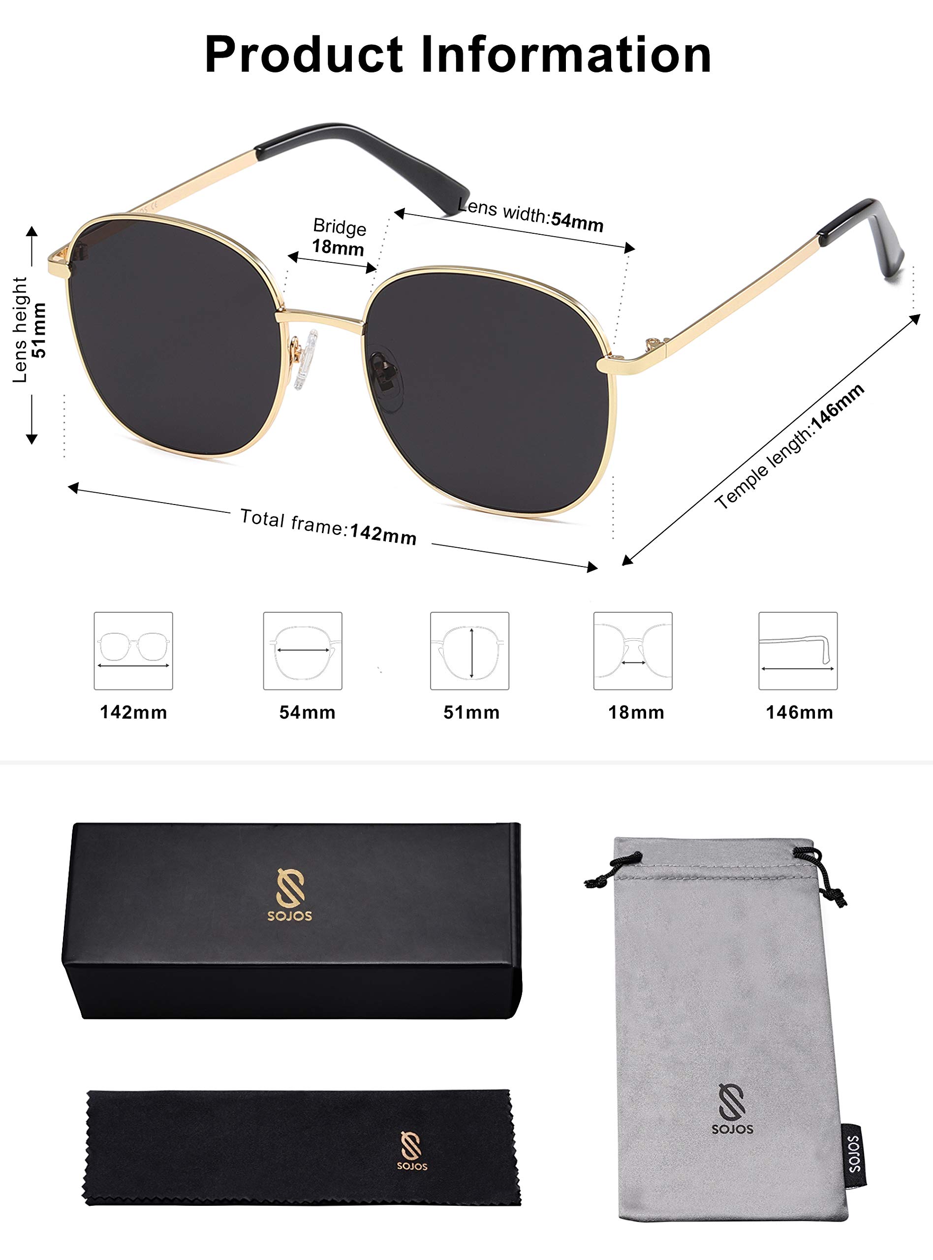 SOJOS Classic Square Sunglasses for Women Men with Spring Hinge Sunnies SJ1137, Bright Gold/Grey
