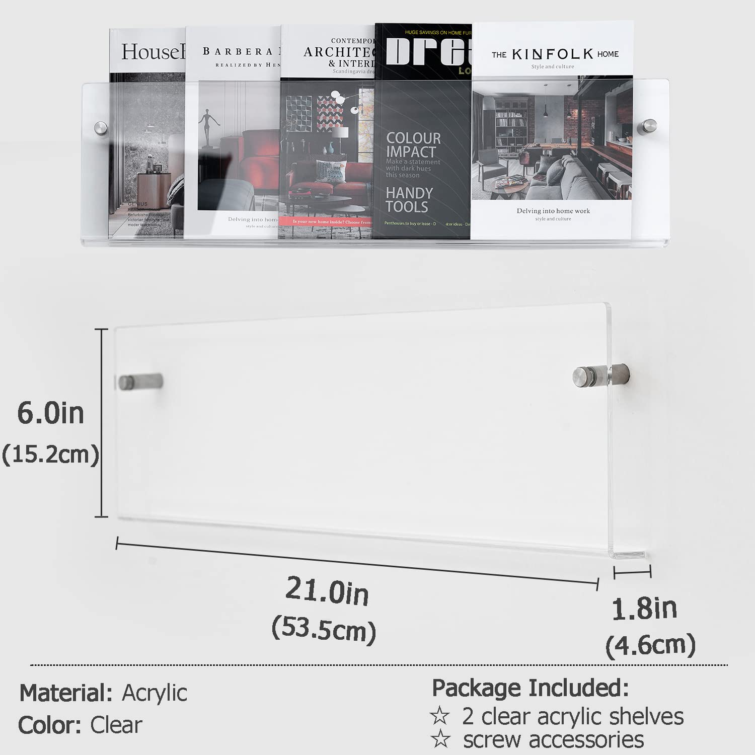 XOHYW 2 Pack Clear Acrylic Magazine Holder, Wall Mount Bookshelf Magazine Rack, Literature Brochure File Display Shelf for Waiting Room, Living Room, Office, Home, Organization