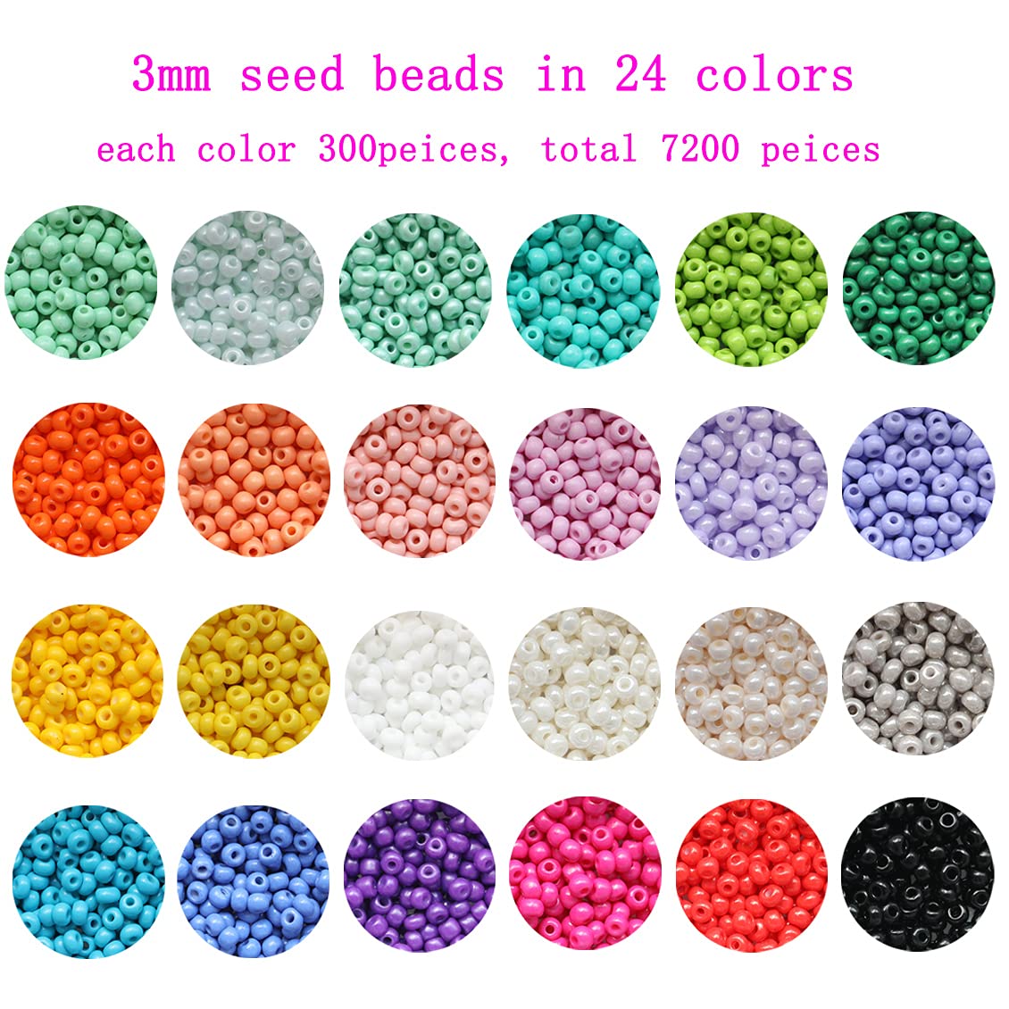 VOOMOLOVE About 7200pcs 3mm 8/0 Glass Seed Beads 24 Colors Loose Beads Kit Bracelet Beads with 24-Grid Plastic Storage Box for Jewelry Making