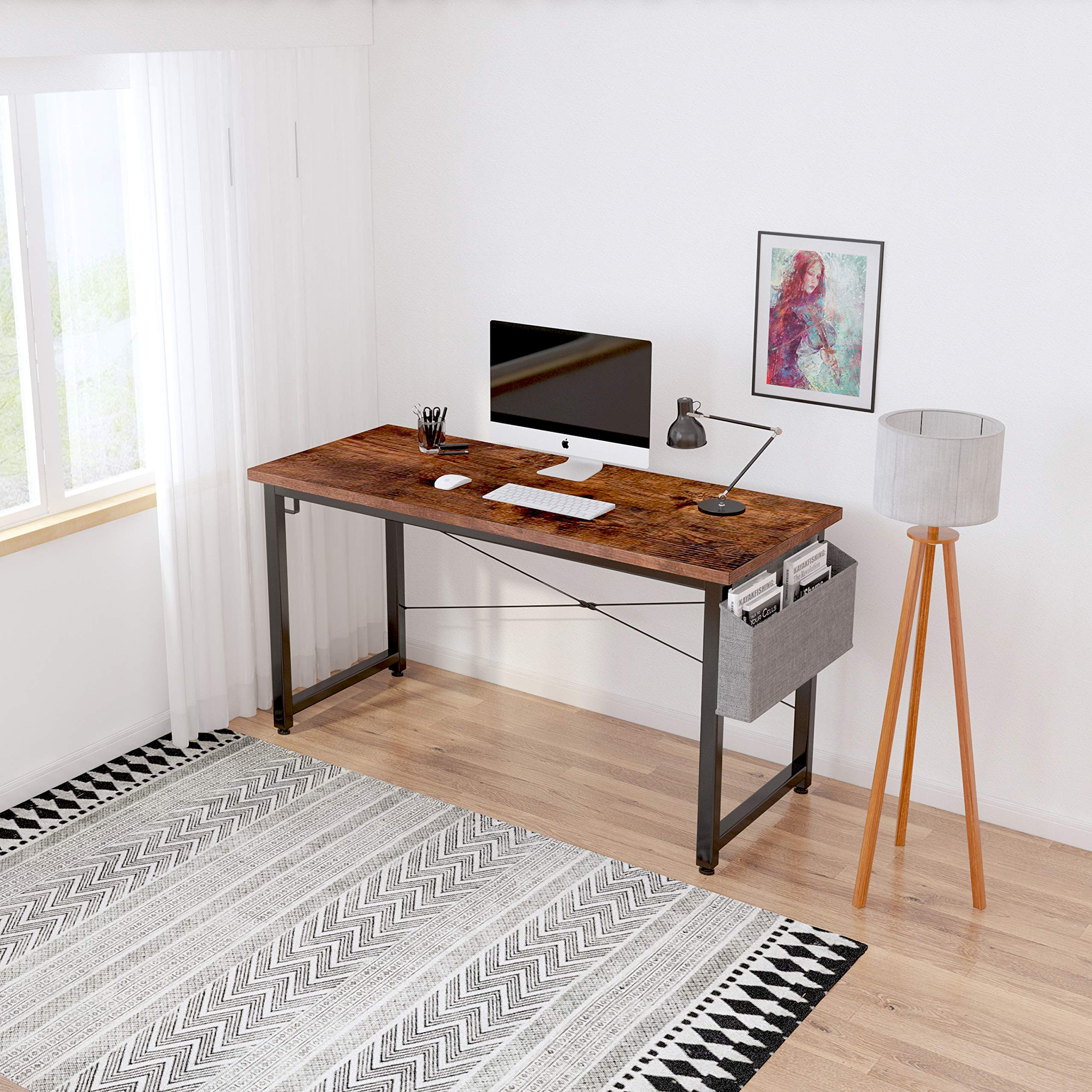 REAHOME Computer Desks 47 inch for Home Office Writing Table Bedroom Desks with Storage Bag and Iron Hook Modern Simple Style for Small Spaces（Rustic Brown）
