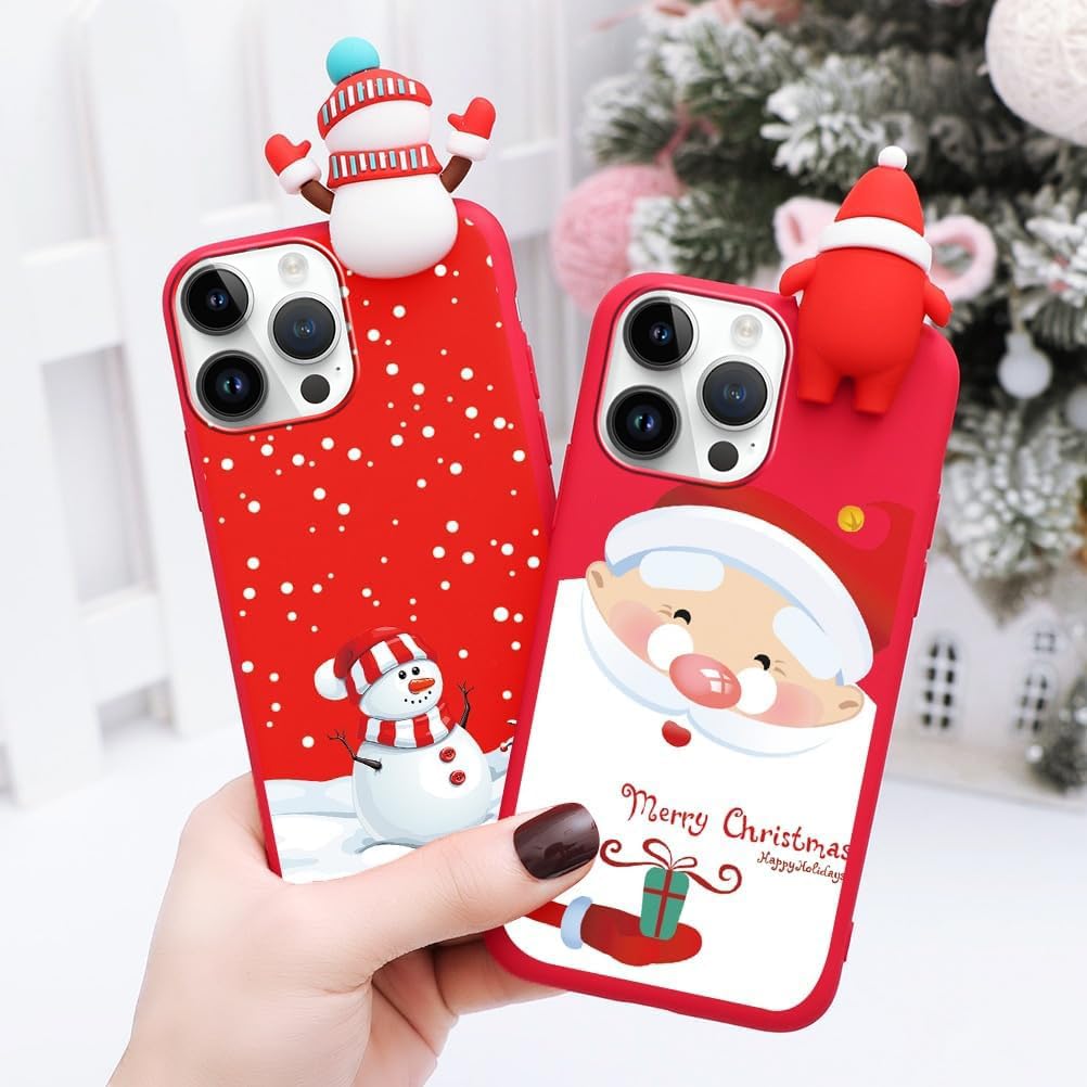 RUMDEY 2 Pack Cute Christmas Case for iPhone 13 Pro MaxInch,Red 3D Doll Snowman Elk Merry Christmas Pattern Soft Silicone TPU Pretty Flexible Protective Funda for Kid Girls Women