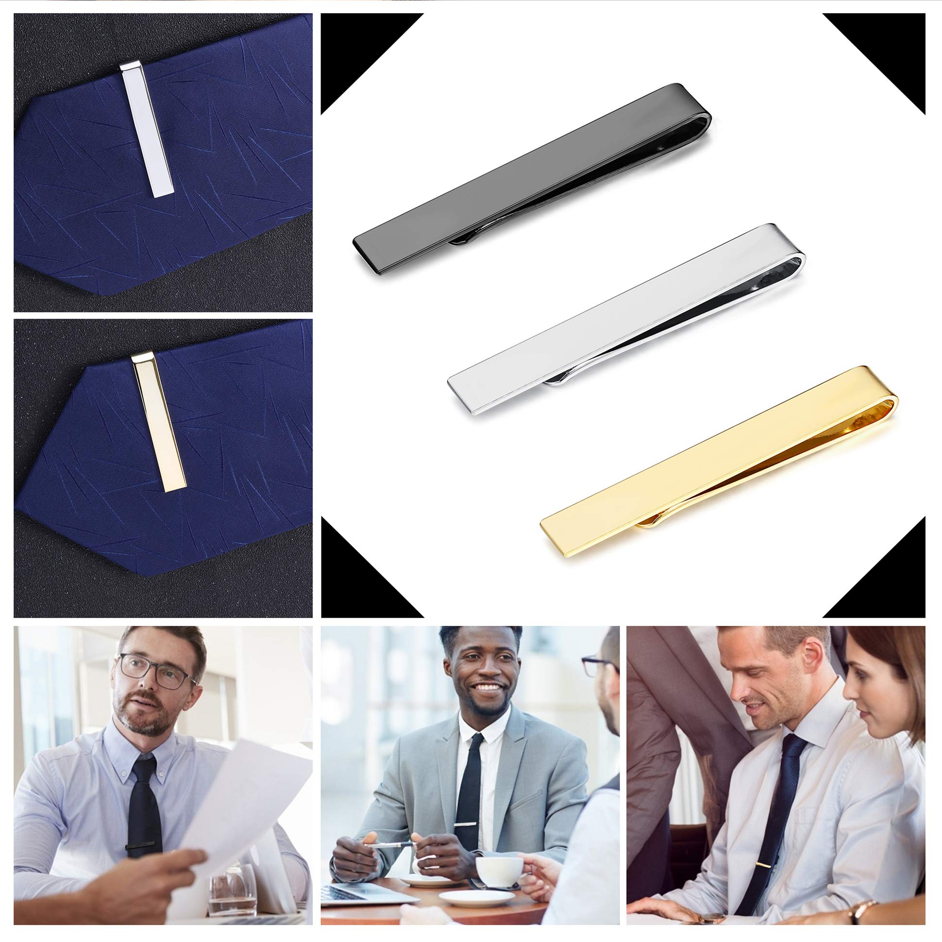 YADOCA 3 Pcs Tie Clips for Men Tie Bar Set Necktie Clips Without Stripe for Wedding Anniversary Business Black Silver-Tone Gold-Tone