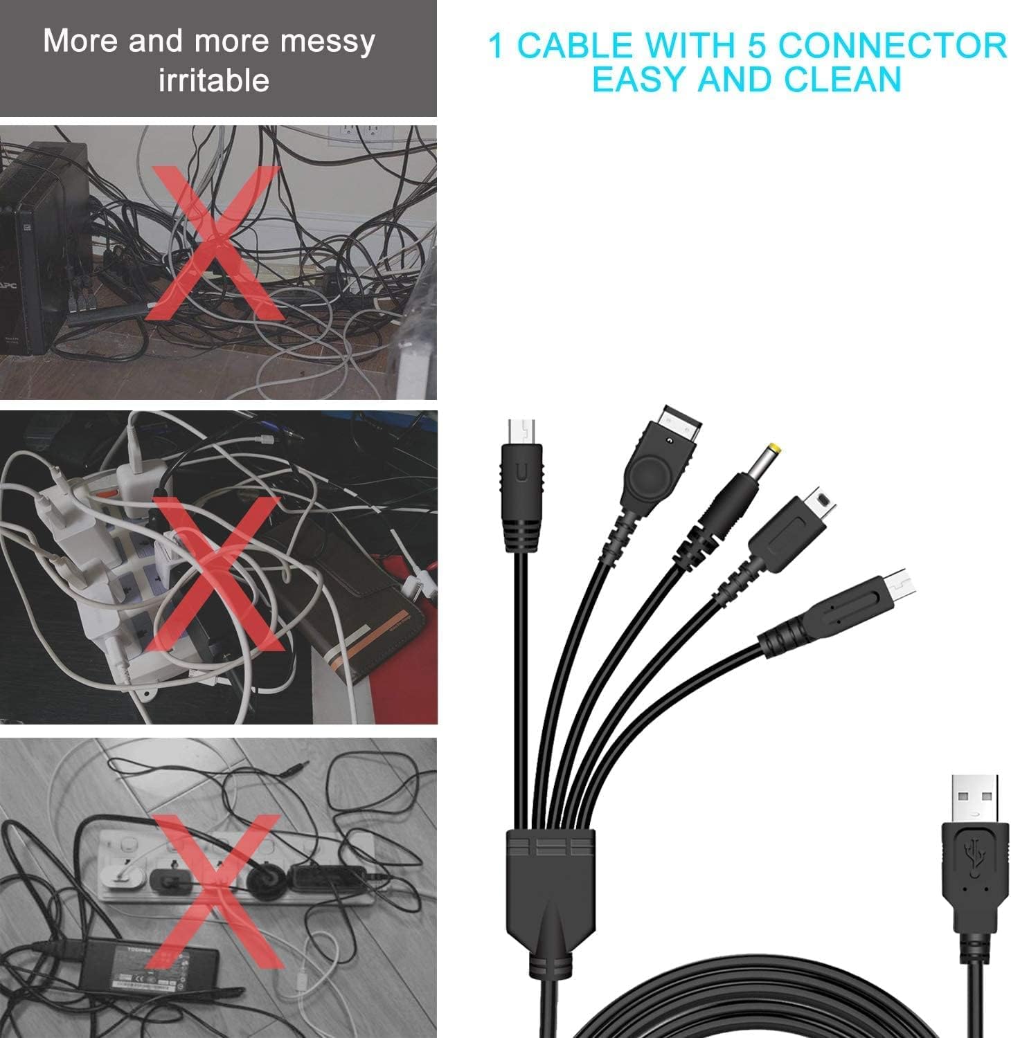 RUEIURI 2 Pack 5 in 1 USB Charger Cable for DS Lite/Wii U/New 3DS XL,3DS XL,2DS,Dsi XL,NDS/GBA SP(Gameboy Advance sp),PSP 1000 2000 3000