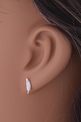 Sterling Silver Womens Dainty Feather Stud Earrings Gifts for Girlfriend Ladies 0.39in