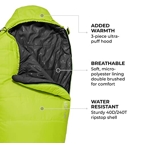TETON Sports Leef Mummy Sleeping Bag - Lightweight Sleeping Bag for Backpacking, Camping, and Hiking - Cold-Weather Sleeping Bag - Camping Accessory with Drawstring Compression Sack - Long 20℉, Green