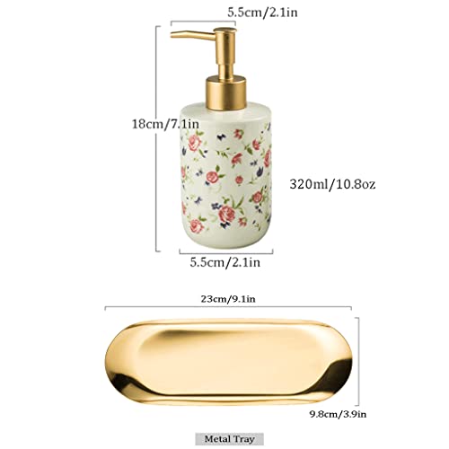 XOUVY Cute Ceramic Soap Dispenser with Metal Tray,Cylinder-Shaped Dish Soap Dispenser with Matte Metal Pump for Bathroom,Farmhouse Décor Kitchen Home Decor (Style C 3)