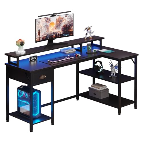 Shintenchi 50" L Shaped Computer Desk with 3-Tier Storage Shelves & Drawer, Reversible Gaming Desk with Monitor Stand & 32 Colors LED Lights, Modern Study Workstation for Home Office, Black