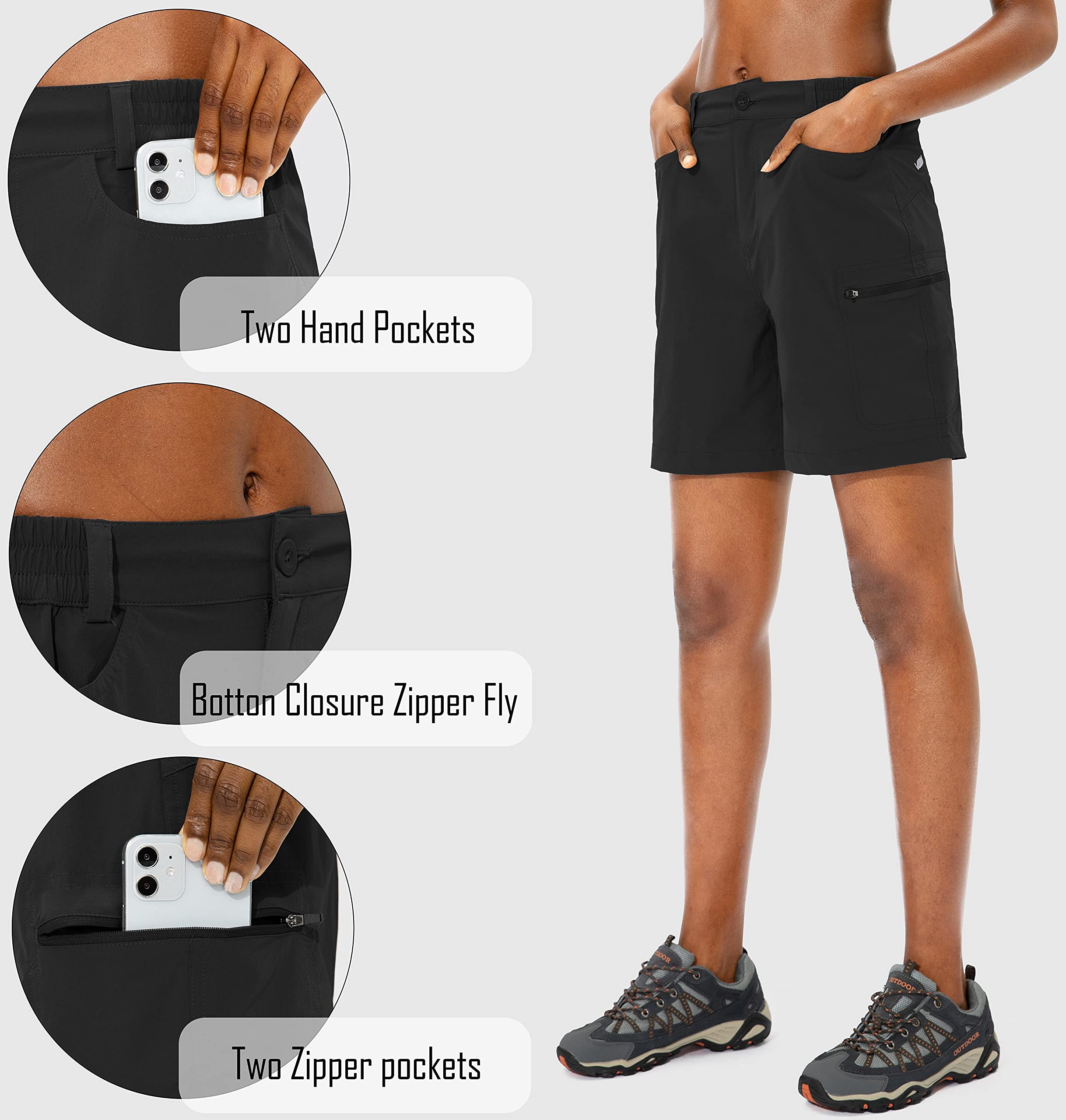 Viodia Women's 6" Hiking Golf Shorts with Zipper Pockets Quick Dry Stretch Cargo Shorts for Women Casual Summer Black