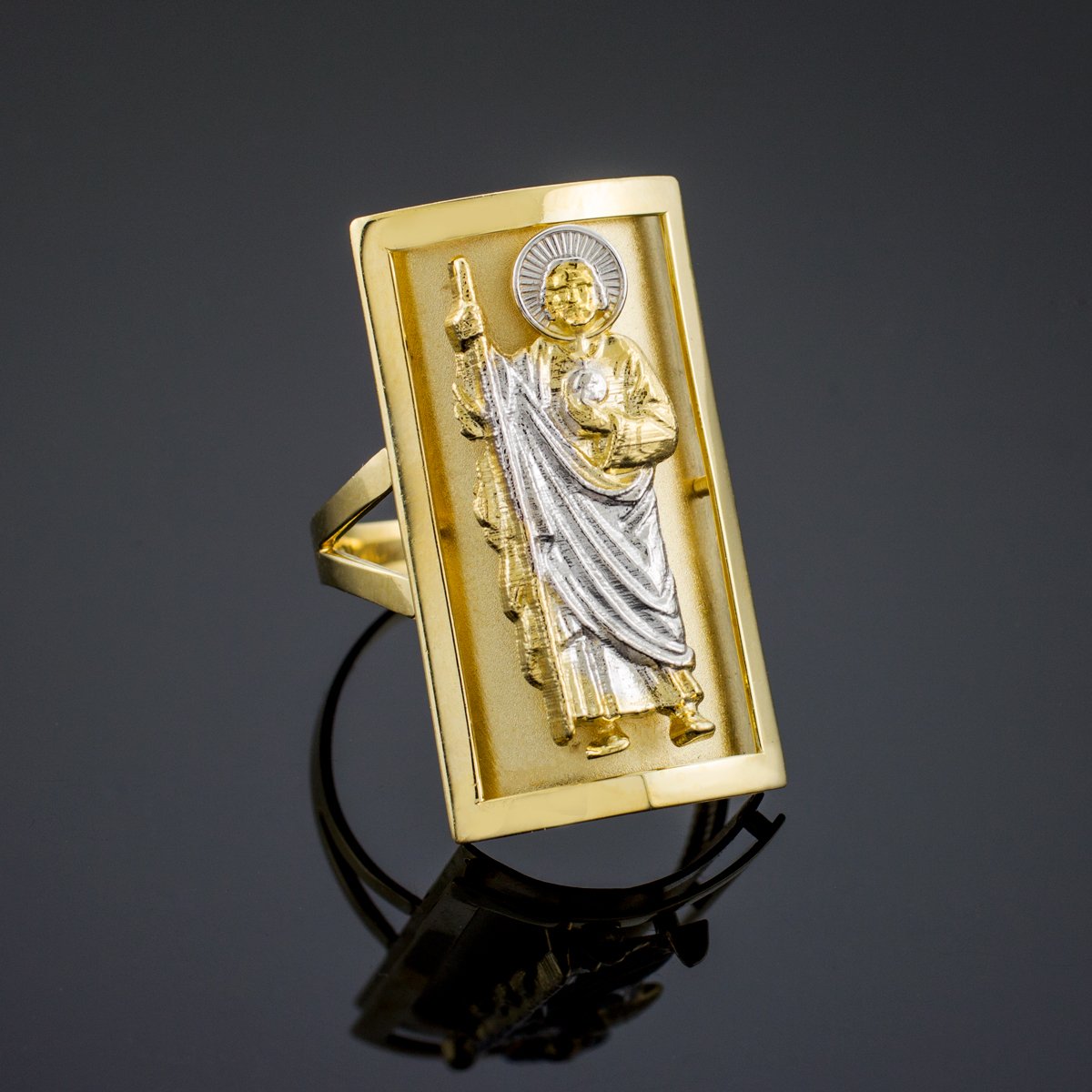 Solid 10k Two-Tone Gold Long Saint Jude Shield Ring (12.7 x 22.8 mm)