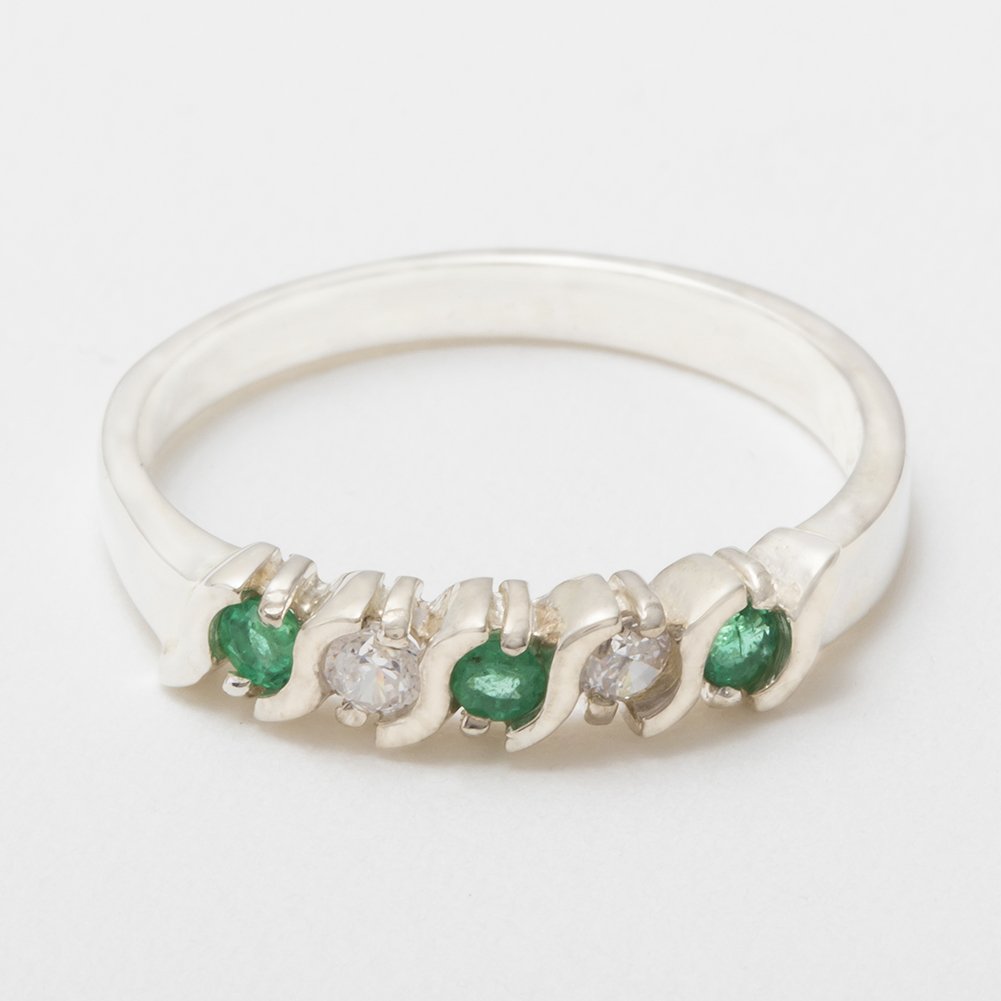 Solid 925 Sterling Silver Real Genuine Emerald & Cubic Zirconia Womens Eternity Band Ring - 7 - Size 7