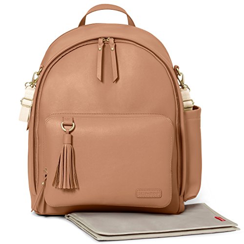 Skip Hop Diaper Bag Backpack: Greenwich Multi-Function Baby Travel Bag with Changing Pad and Stroller Straps, Vegan Leather, Caramel
