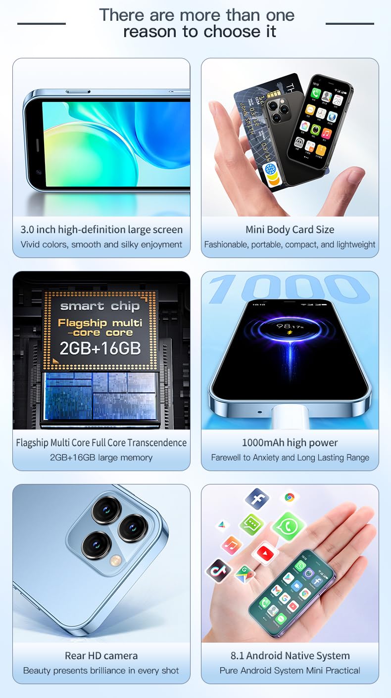 roiesvry Mini Smartphone, XS15 3.0 Inch Small Phone Quad Core 2GB+16GB 5.0MP Dual SIM 1000mAh Android Mini Phones Unlocked 3G Mobile Phone (Blue)